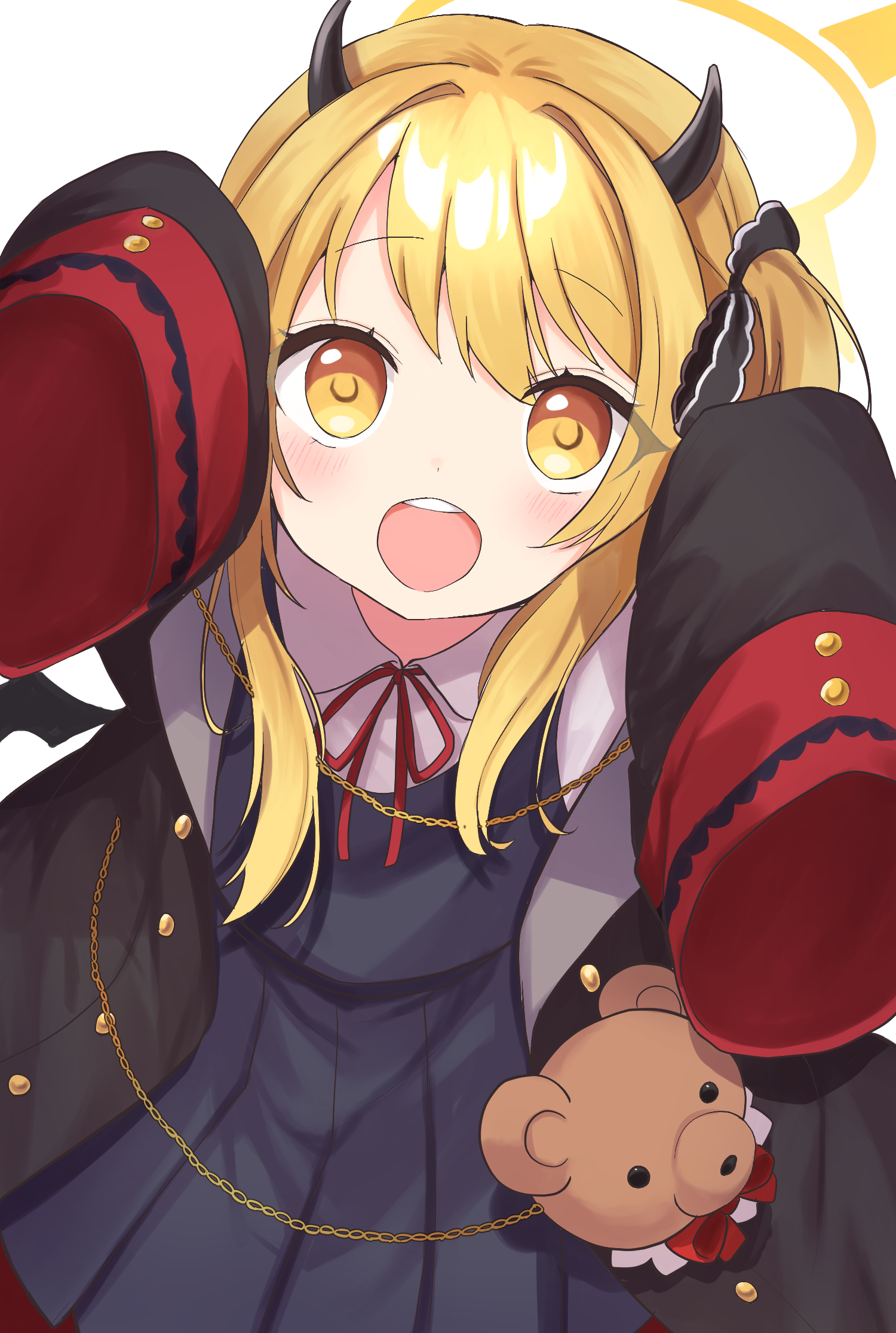 Safebooru - 1girl :d amaimo arms up black coat black horns black ribbon black wings blonde hair ...