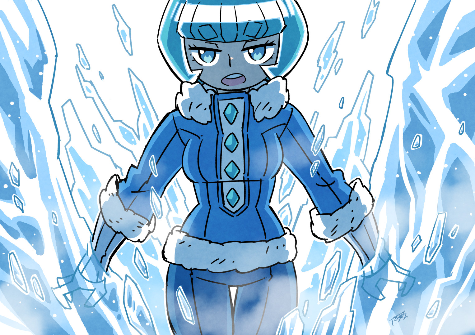 Safebooru - 1girl arm warmers blue eyes blue hair blue pants blue theme blunt bangs bob cut cold ...