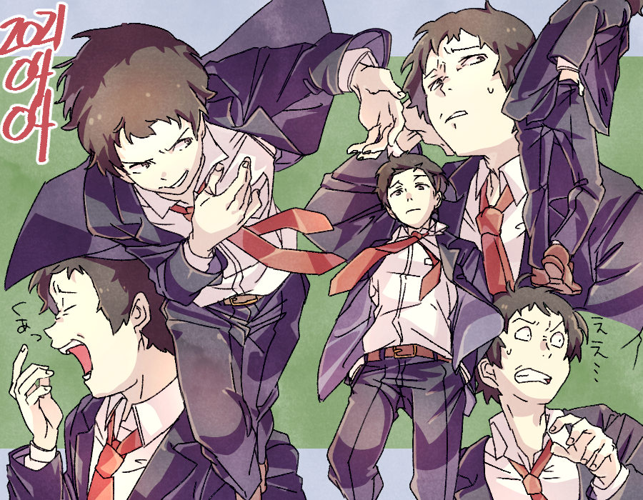 Safebooru - 1boy adachi tooru arm behind head belt black hair breast pocket brown belt brown ...