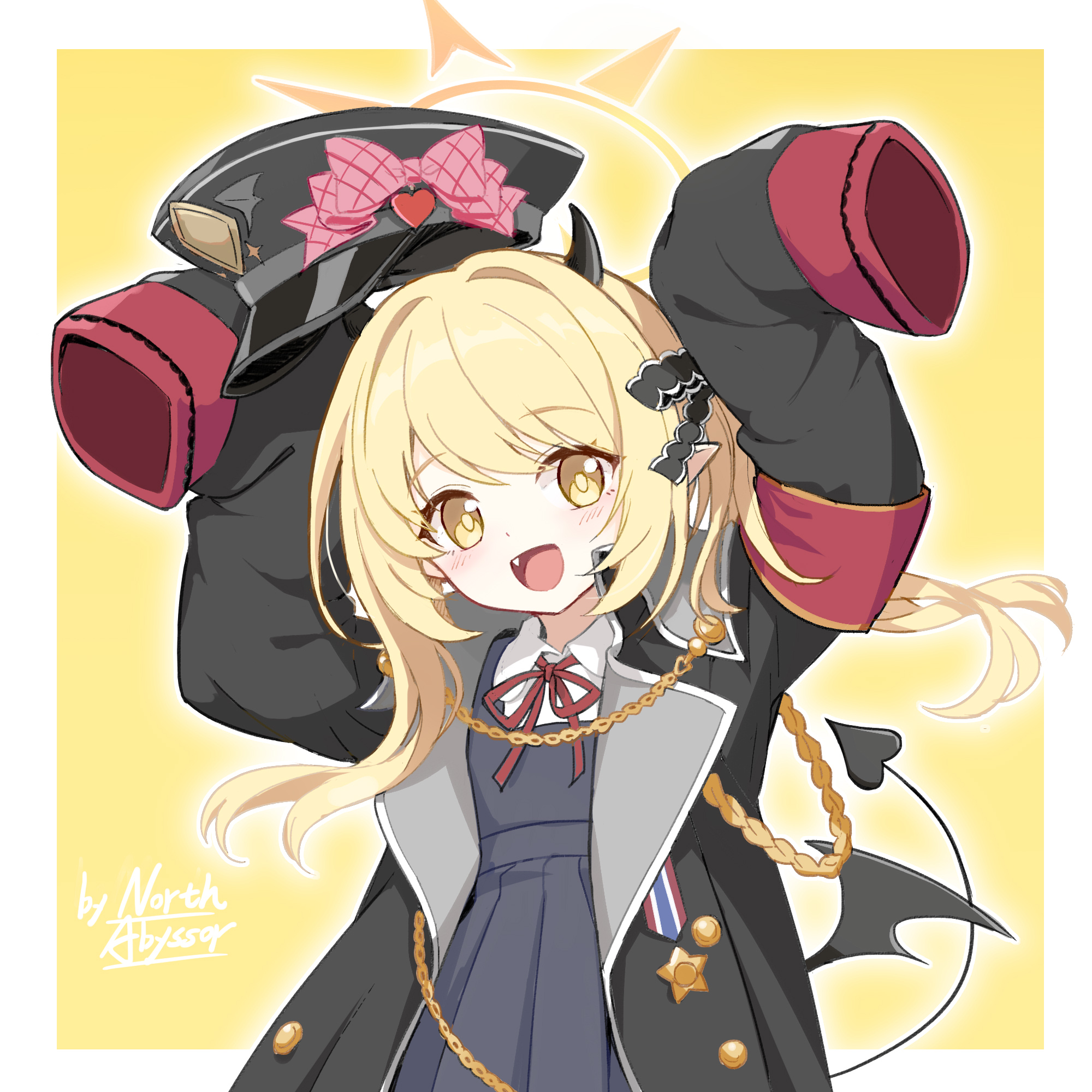 Safebooru - 1girl :d armband arms up black coat black horns black ribbon black tail black wings ...