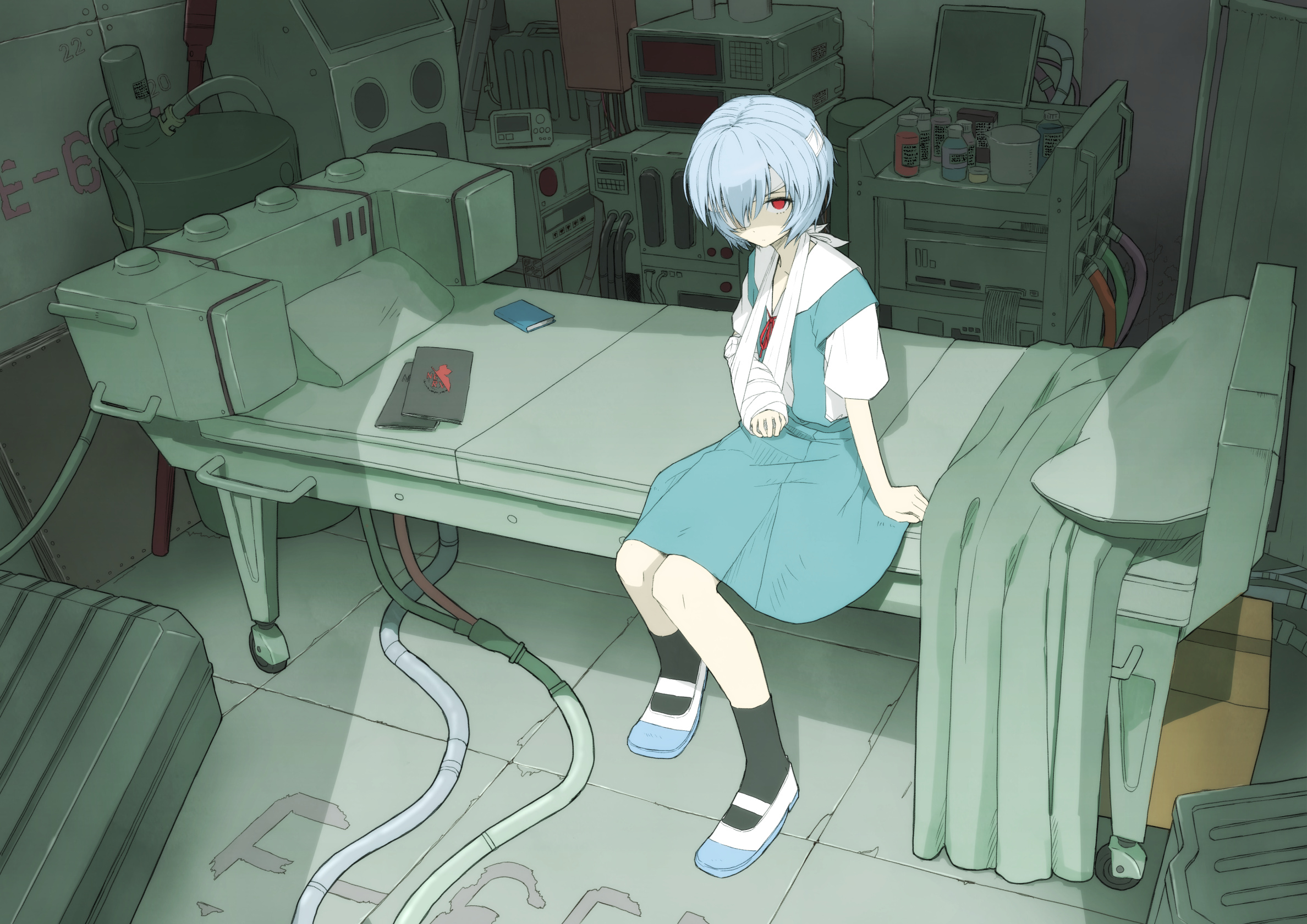 Safebooru - 1girl ankle socks arm sling ayanami rei bandage over one eye bandaged head bandages ...