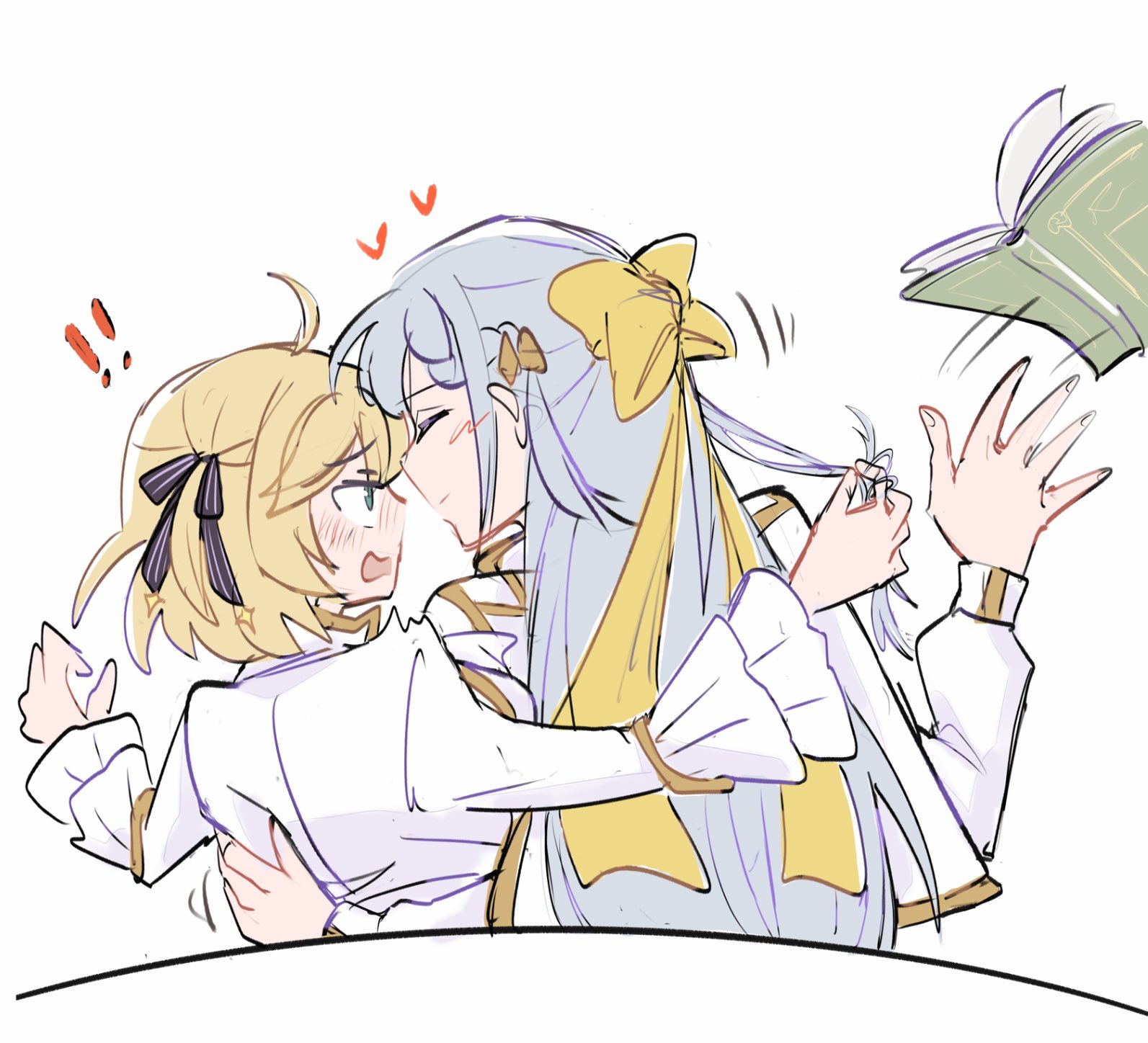 Safebooru - !? 2girls anisphia wynn palettia black ribbon blonde hair blush book closed eyes ...