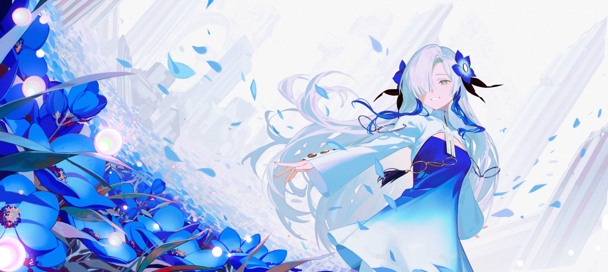 Safebooru - 1girl blue dress blue eyes blue flower blue hair commentary request dress floating ...