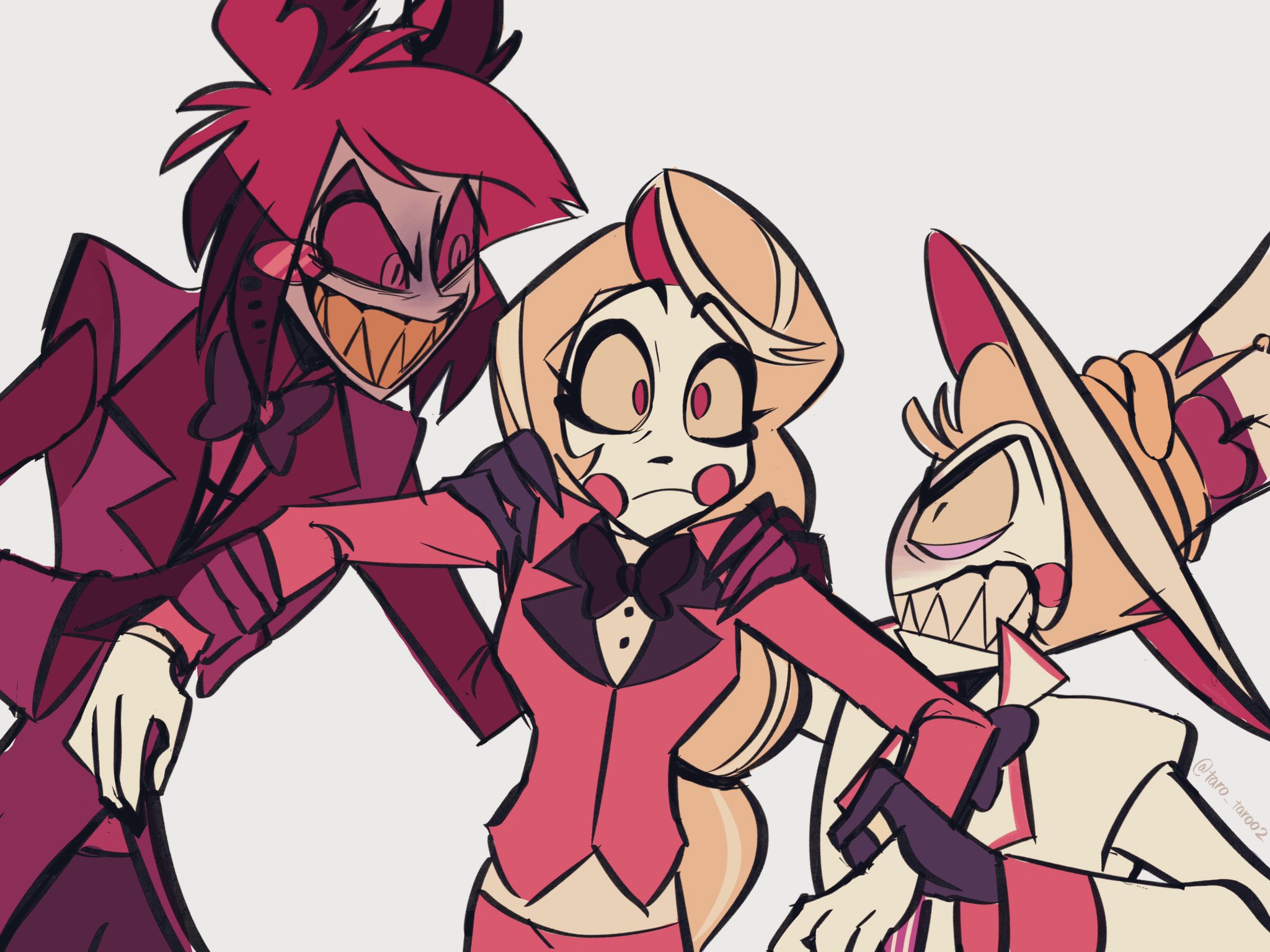 Safebooru - . . 1girl 2boys alastor (hazbin hotel) arm grab blonde hair ...
