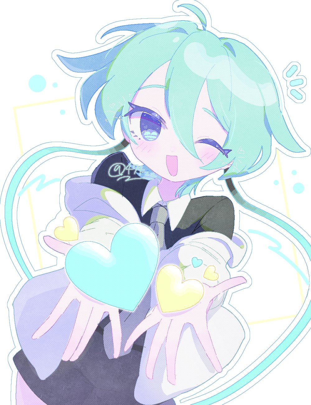 Safebooru - 1girl ahoge anzen robo (474zz) aqua eyes aqua hair black shirt coat cowboy shot futo ...