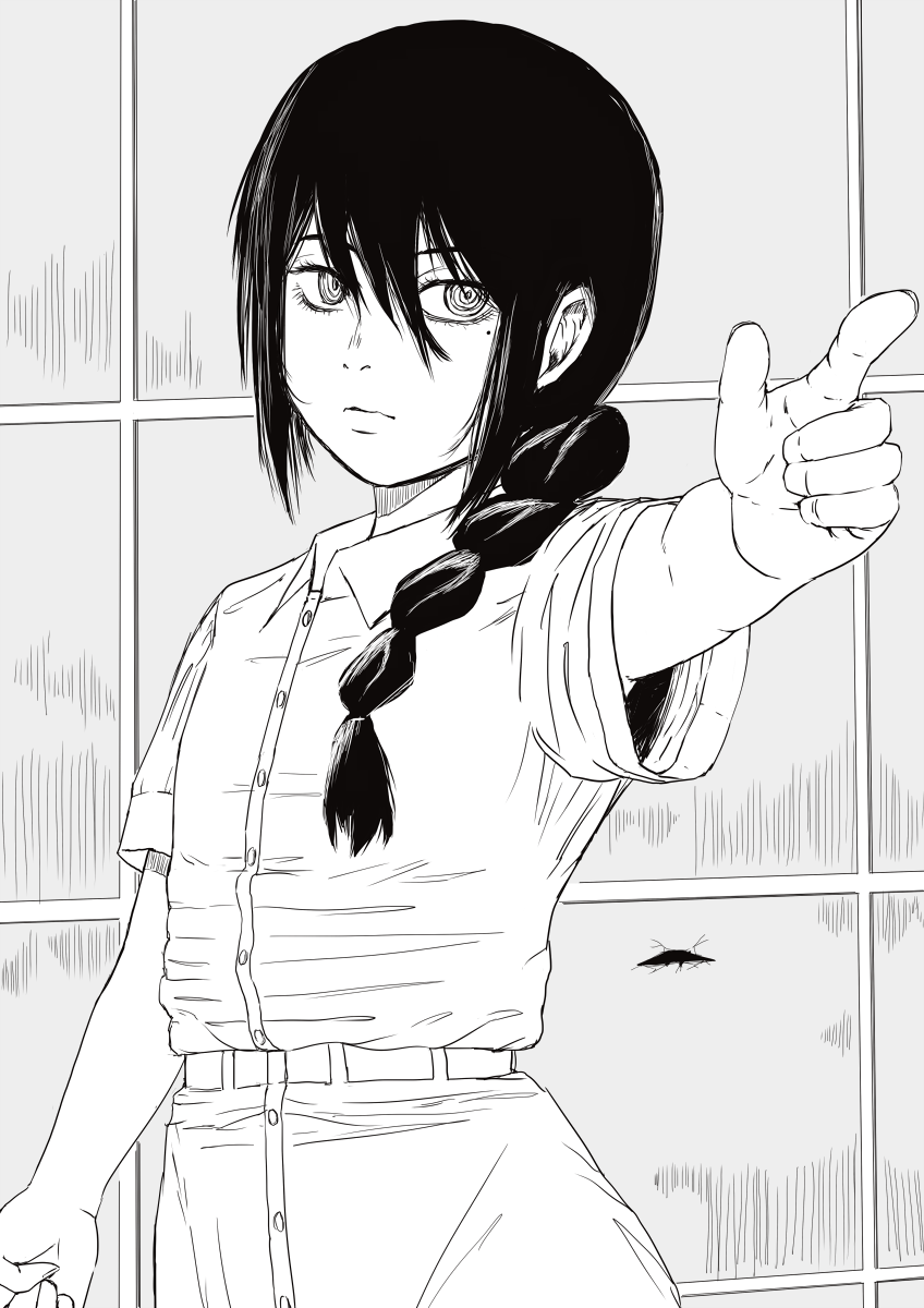 Safebooru - 1girl braid chainsaw man closed mouth dress expressionless finger gun greyscale hair ...