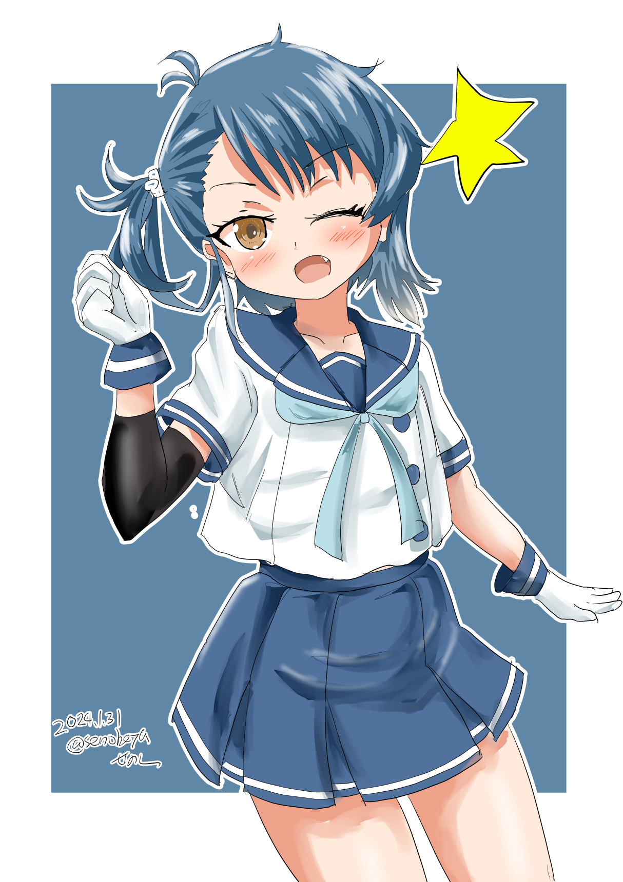 Safebooru - 1girl aqua neckerchief arm warmers blue background blue hair blue neckerchief blue ...