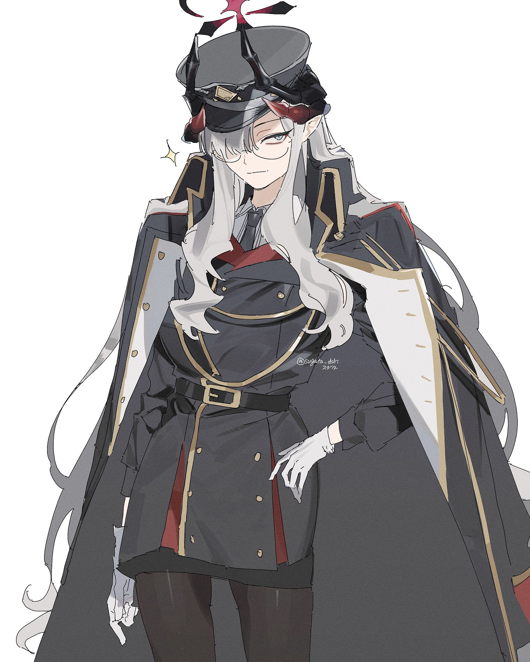 Safebooru - 1girl belt black belt black coat black headwear black horns black necktie black ...