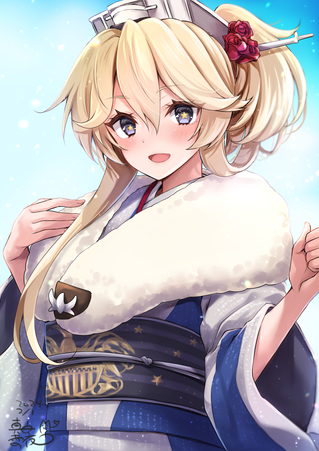 Safebooru - 1girl :d artist name blonde hair blue eyes blue kimono blush dated english ...