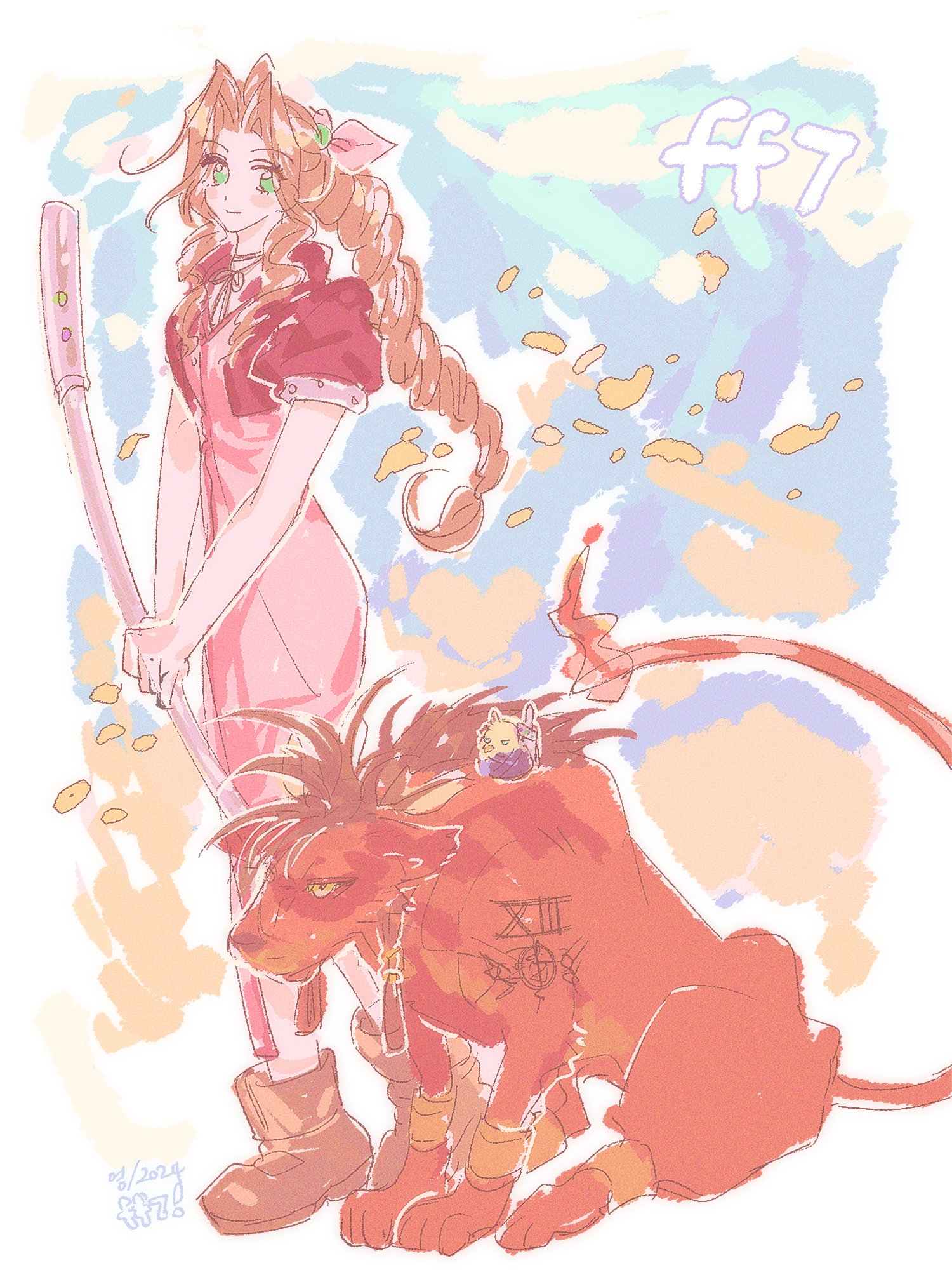 Safebooru - 1girl 2boys aerith gainsborough animal animalization arm tattoo beads bird blush ...