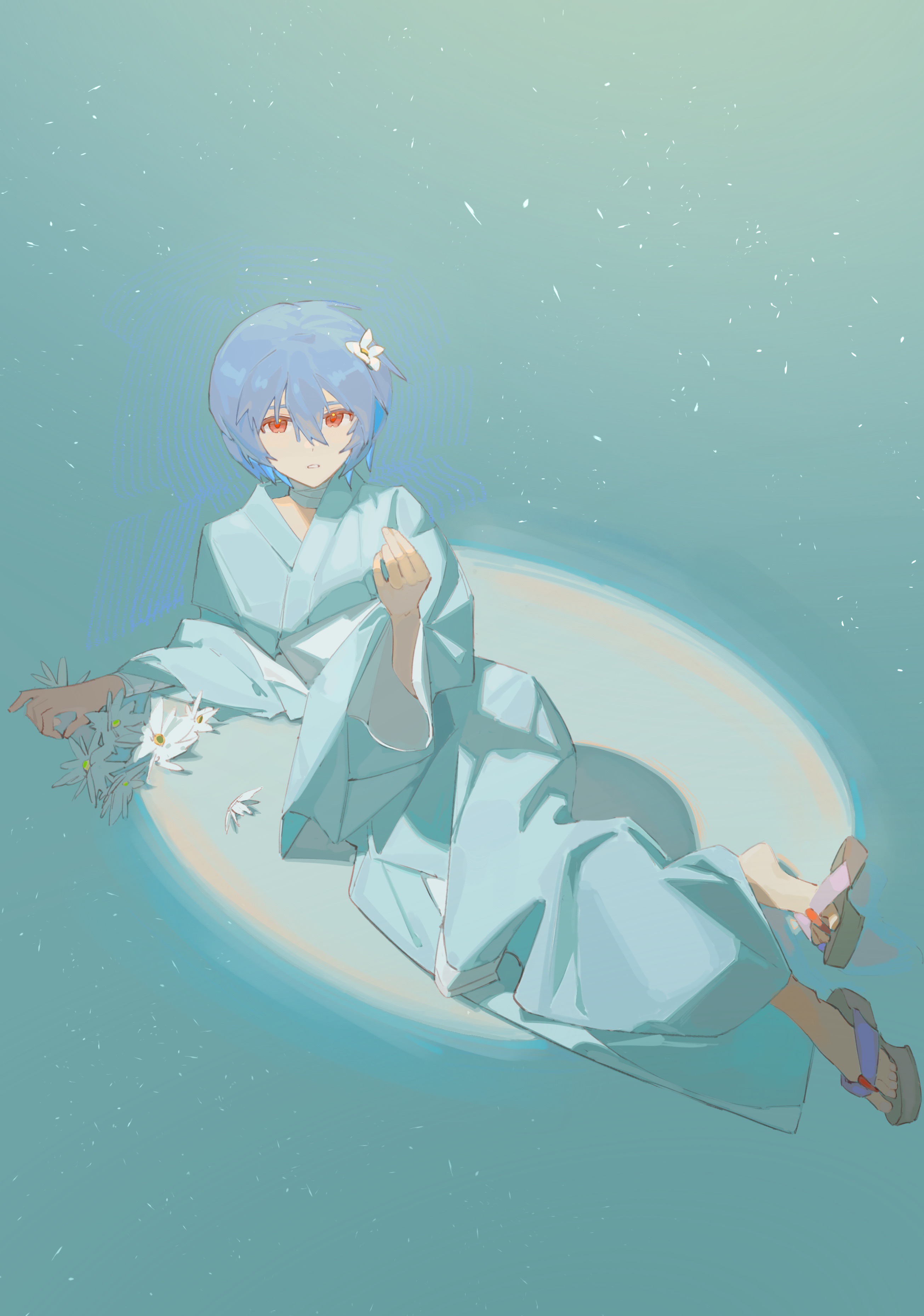 Safebooru - 1girl absurdres alternate costume aqua background aqua kimono ayanami rei bandaged ...