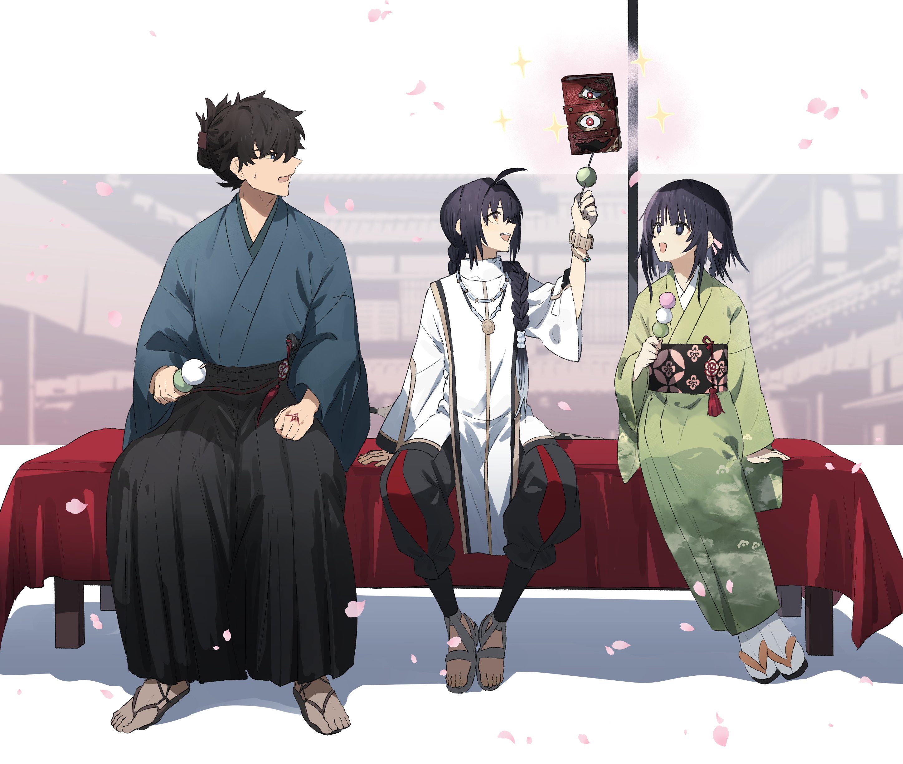 Safebooru - 1boy 1girl 1other absurdres ahoge amulet androgynous black hair black hakama blue ...