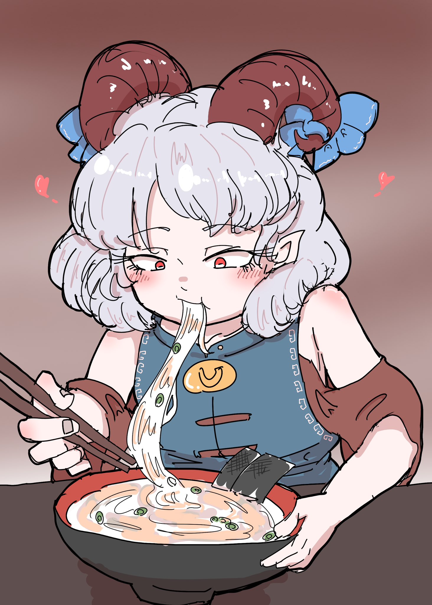 Safebooru - blue bow blue vest bow bowl chopsticks detached sleeves eating food goat horns ...