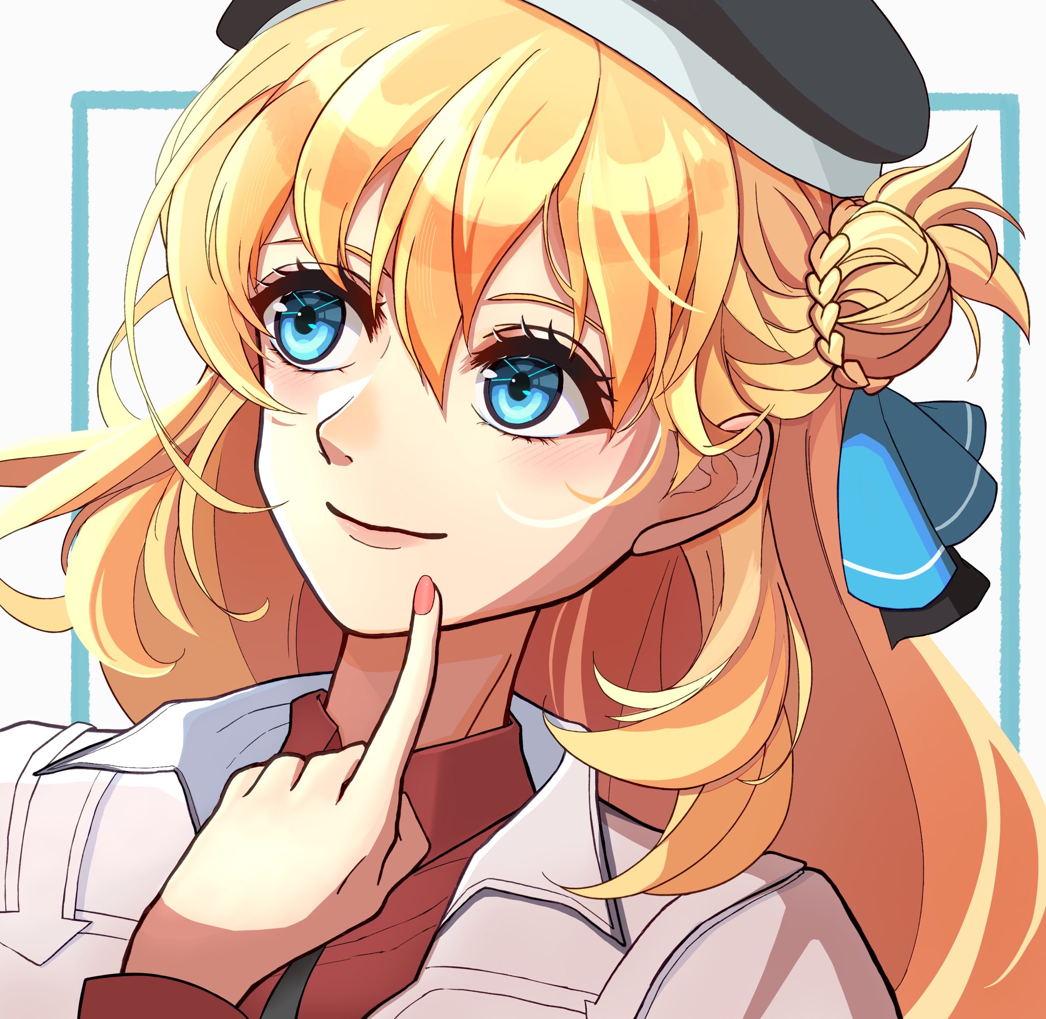 Safebooru - 1girl agnes claudel beret blonde hair blue border blue eyes border braid braided bun ...