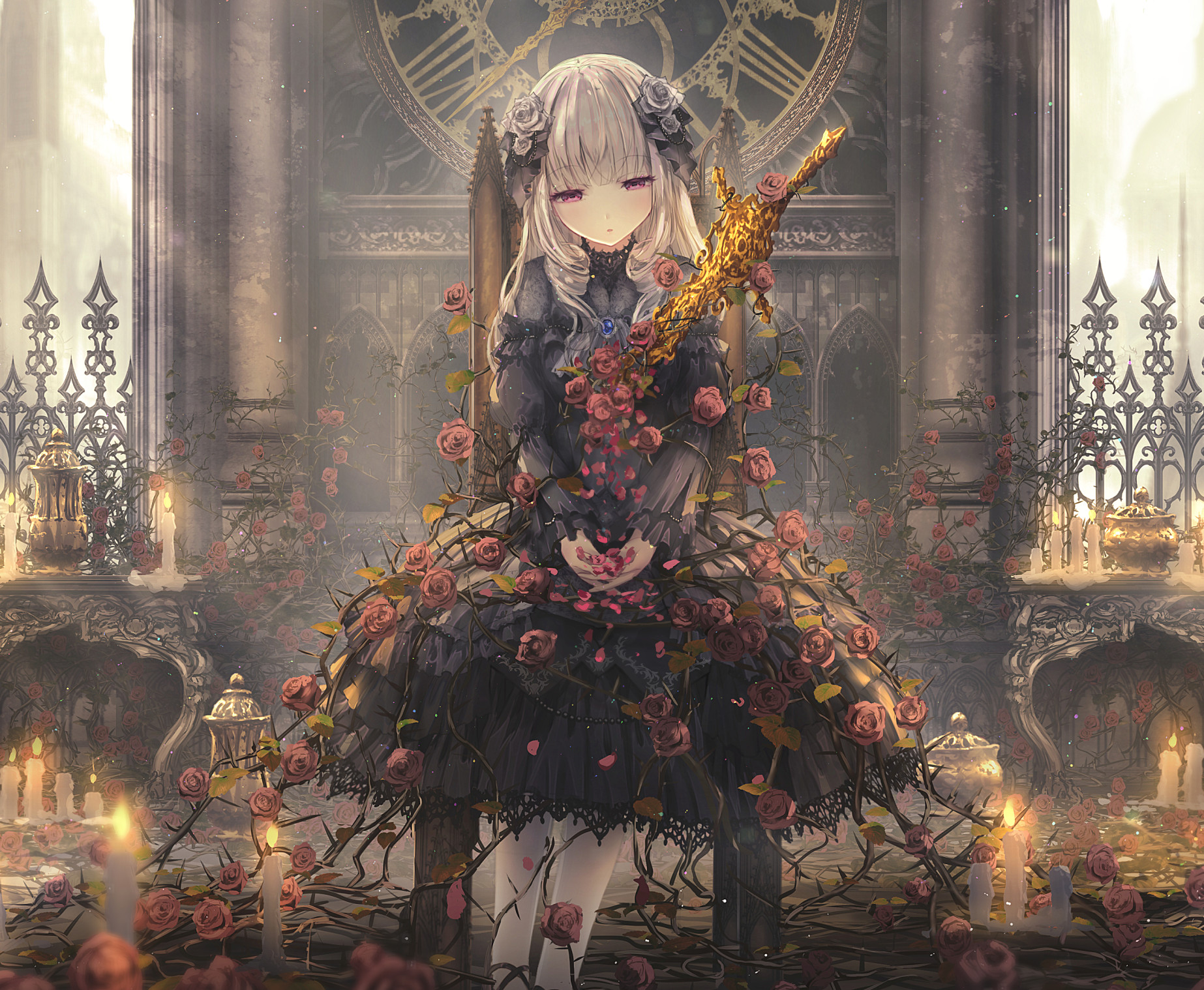 Safebooru - 1girl architecture black dress black footwear blunt bangs blurry blurry foreground ...
