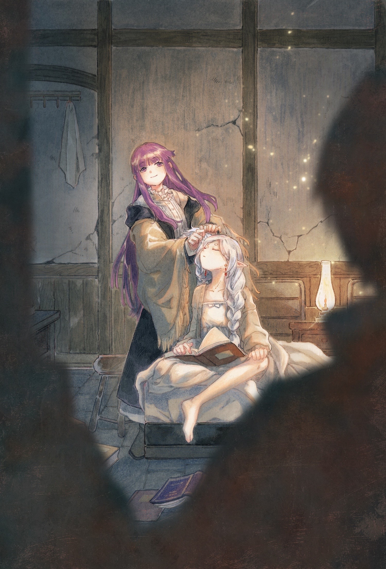 Safebooru - 2girls 9484gu banner barefoot black coat blunt bangs blurry book boots braid ...