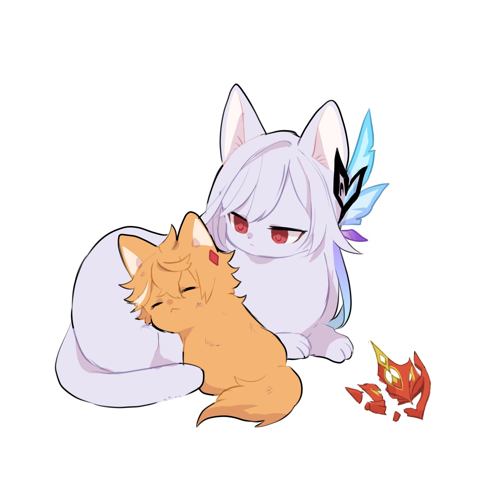 Safebooru - animal ears animal focus animalization blue hair broken mask cat cat ears cat tail ...