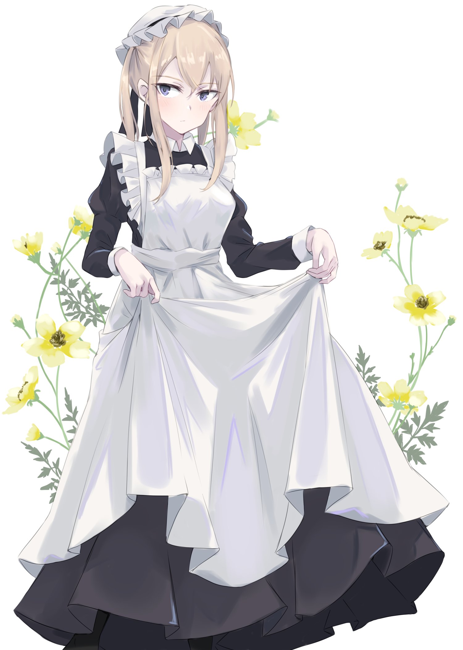 Safebooru - 1girl alakoala alternate costume apron black dress blonde hair blush closed mouth ...