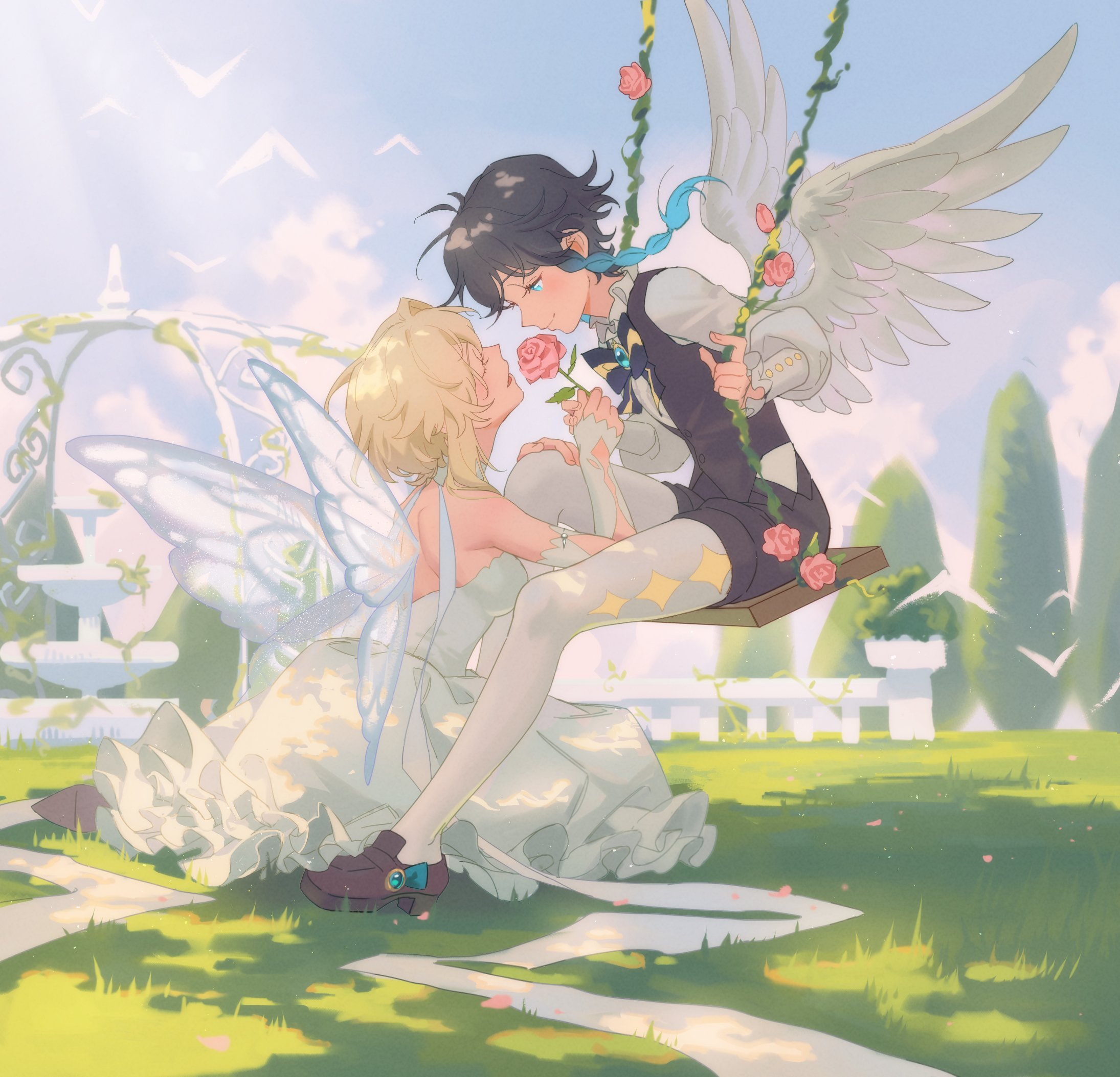 Safebooru - 1boy 1girl alternate costume aqua gemstone arch bare back bare shoulders black bow ...