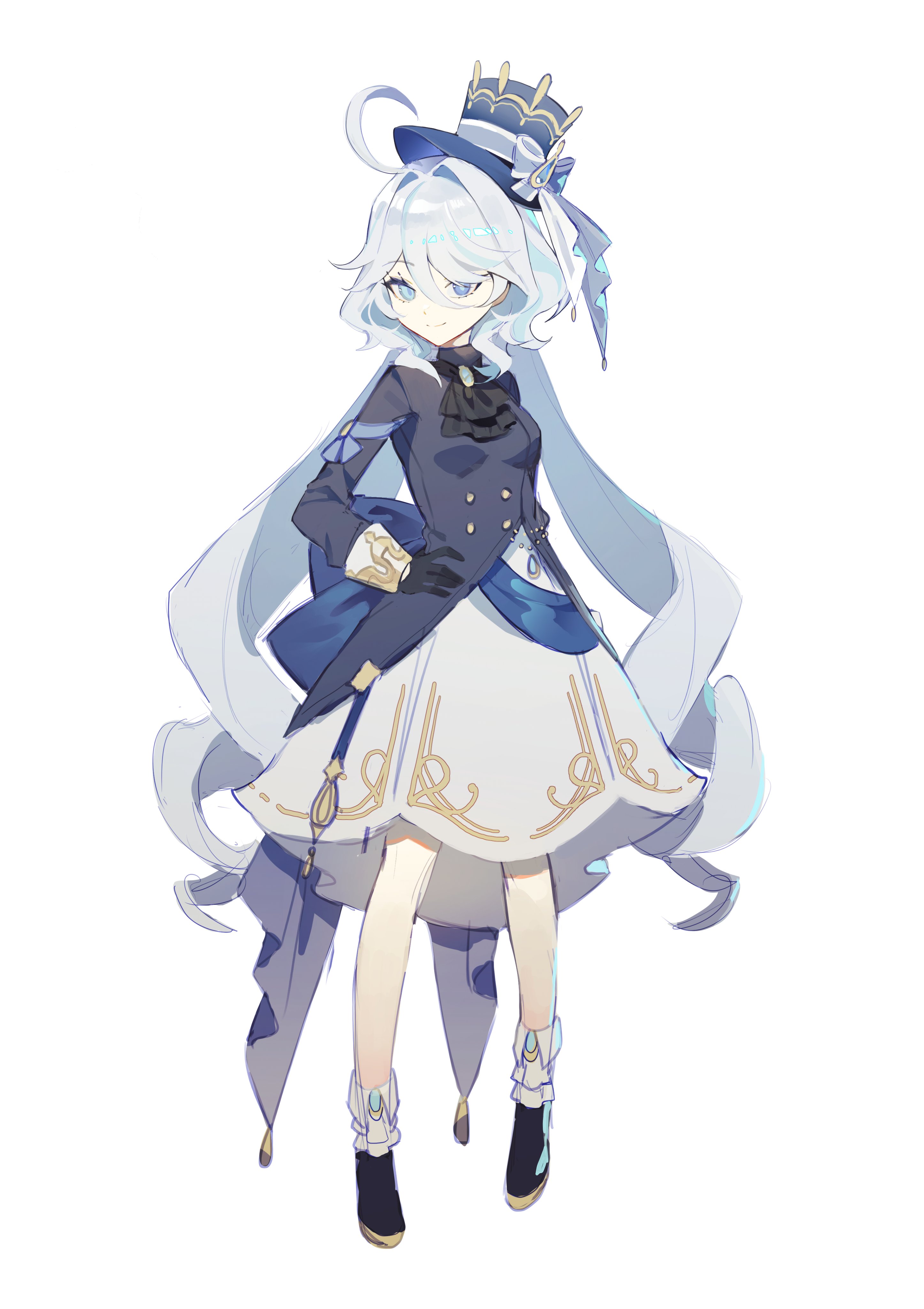 Safebooru - 1girl absurdres ahoge black gloves blue eyes dress full body furina (genshin impact ...