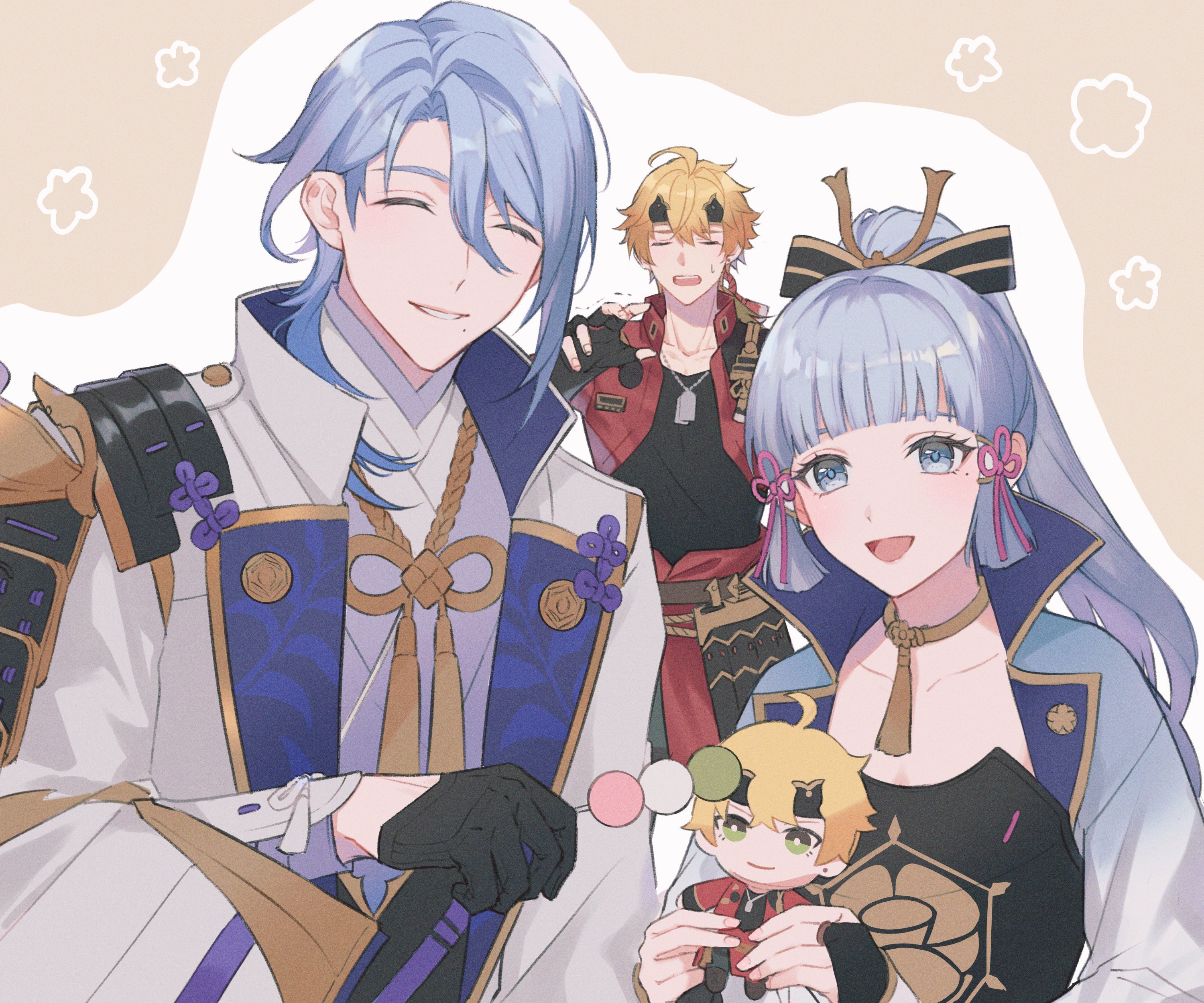 Safebooru - 1girl 2boys :d ^ ^ absurdres ahoge arm guards armor belt black gloves black shirt ...