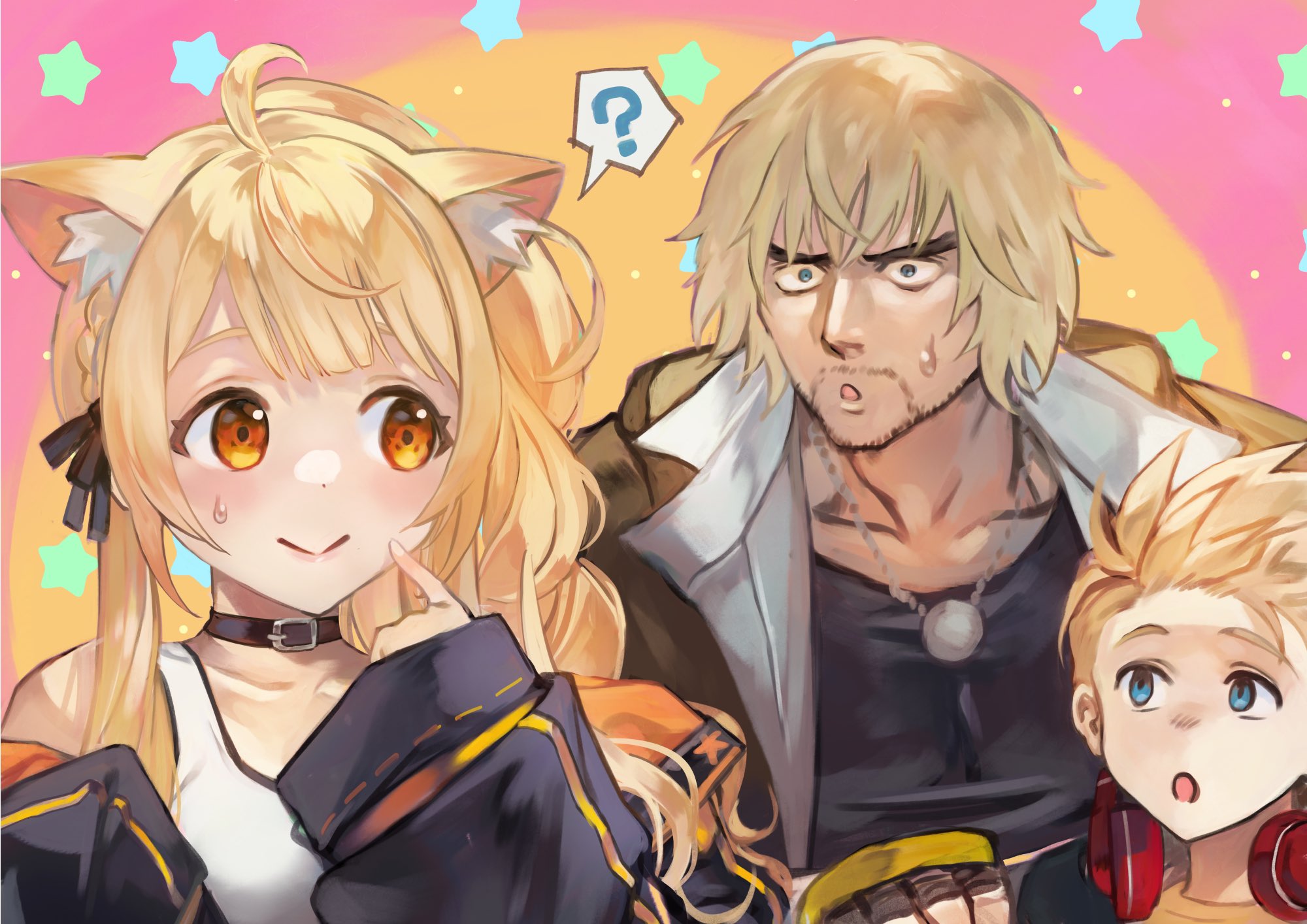 Safebooru - 1girl 2boys :o ? animal ears black choker black gloves black jacket black tank top ...