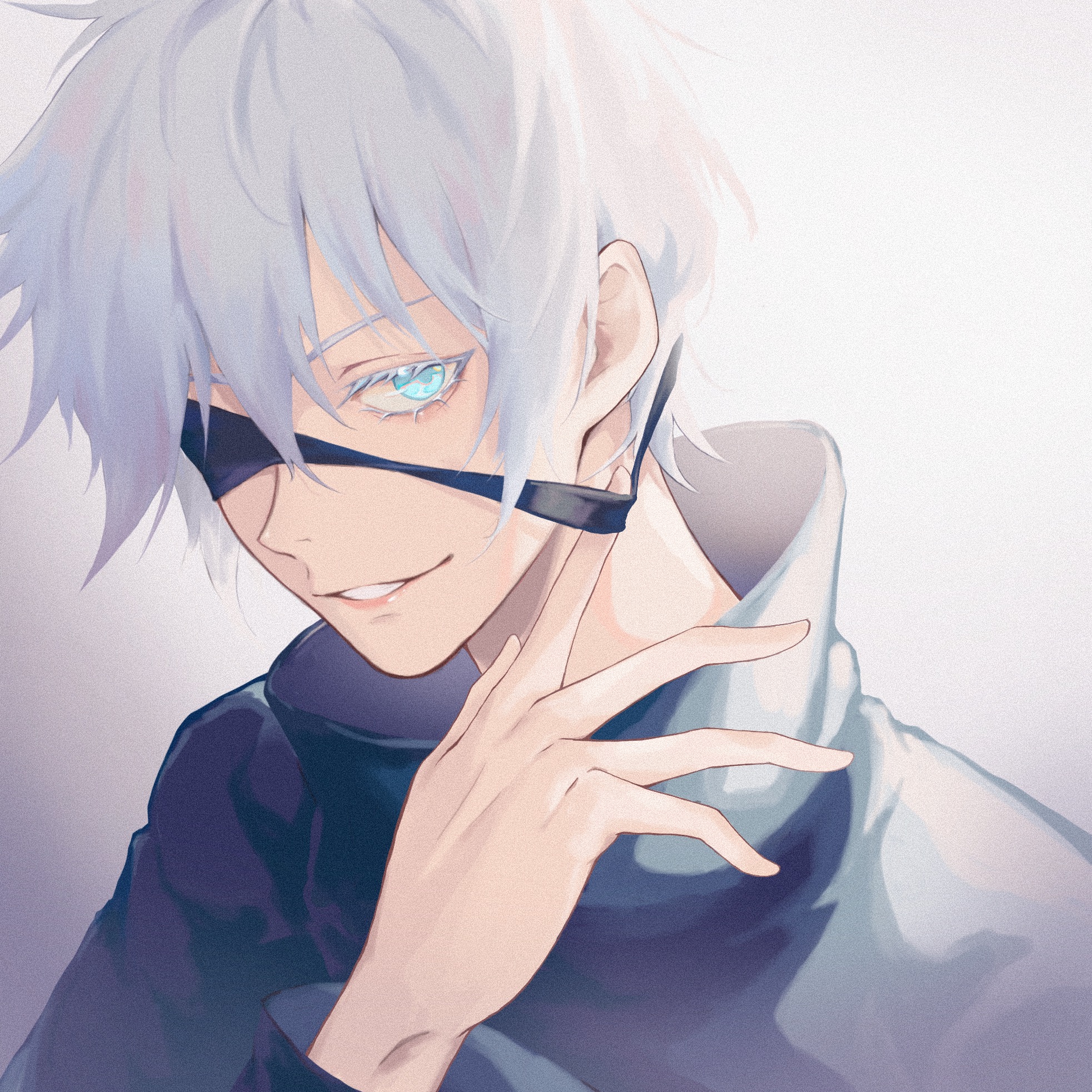 Safebooru - 1boy black jacket blindfold blindfold pull blue eyes gojou satoru gradient ...