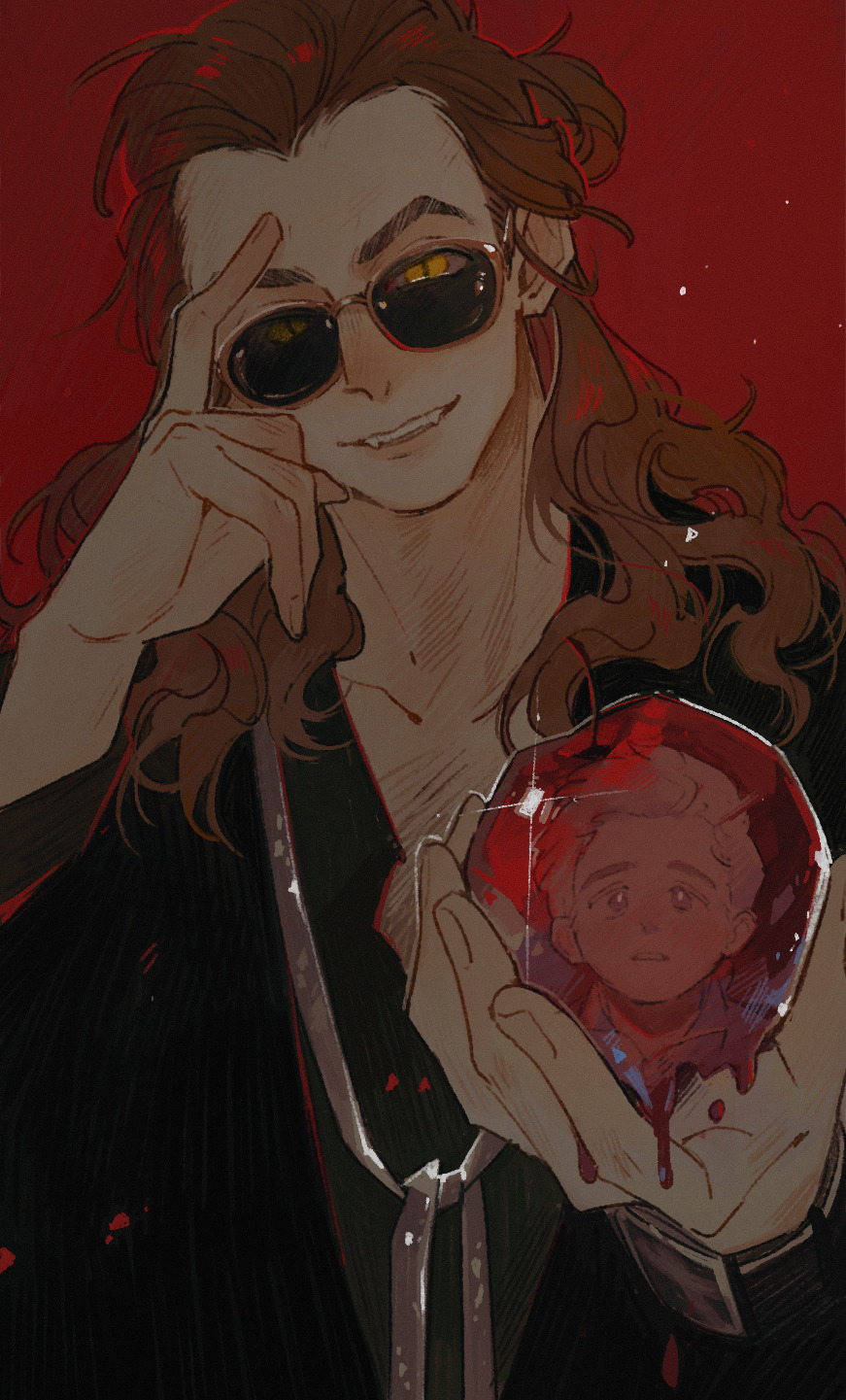Safebooru - 2boys angel apple aziraphale (good omens) black suit ...