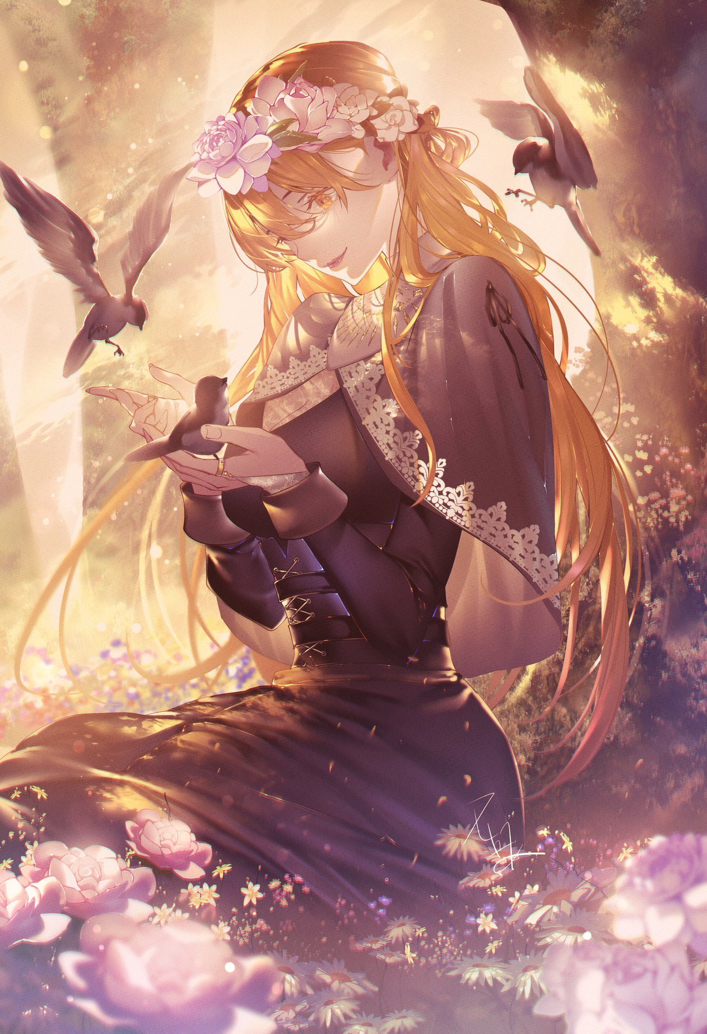 Safebooru - 1girl bird black dress blonde hair bridal gauntlets dress forest head wreath highres ...