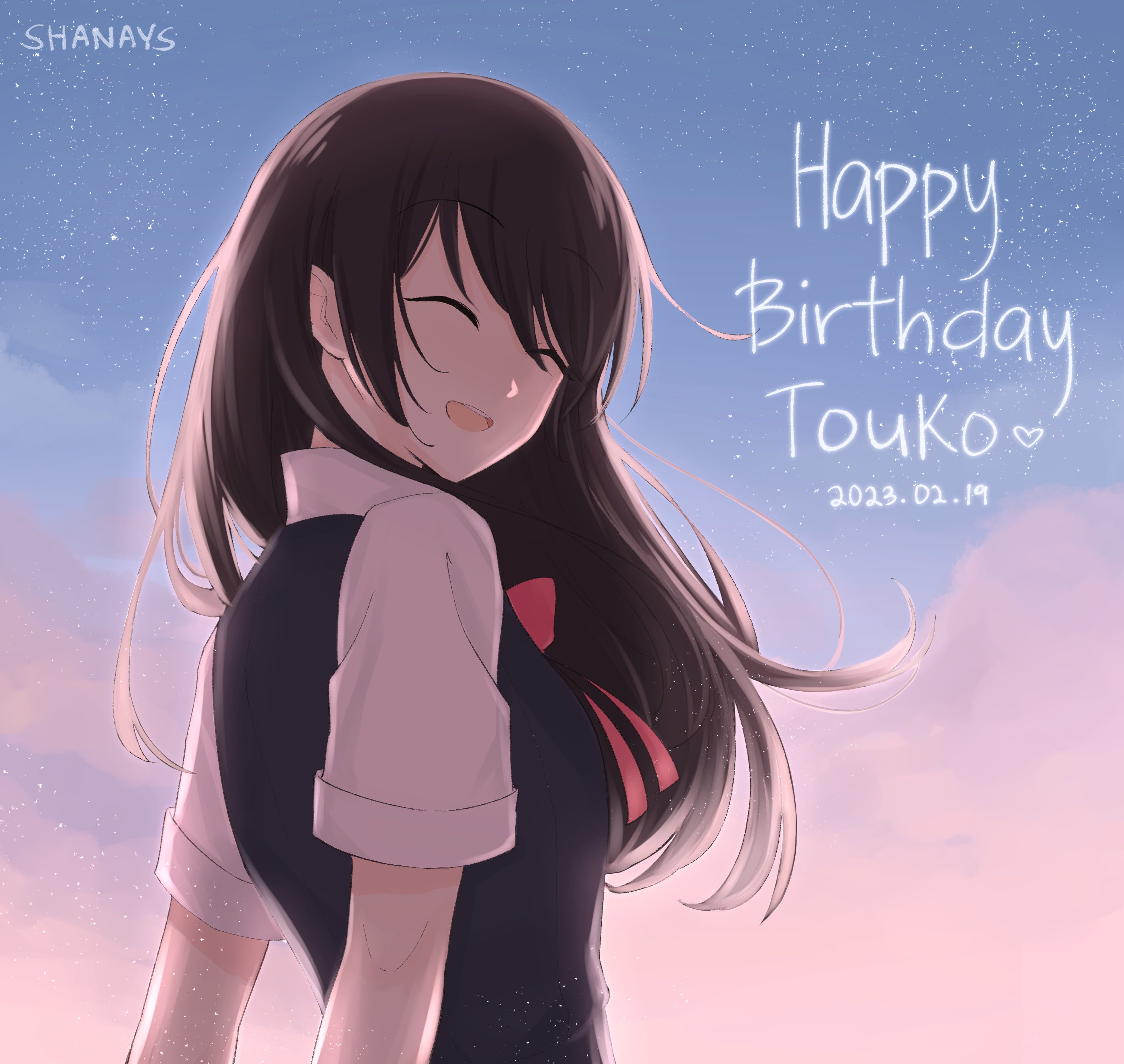 Safebooru - 1girl ^ ^ absurdres artist name black dress black hair bow bowtie breasts closed ...