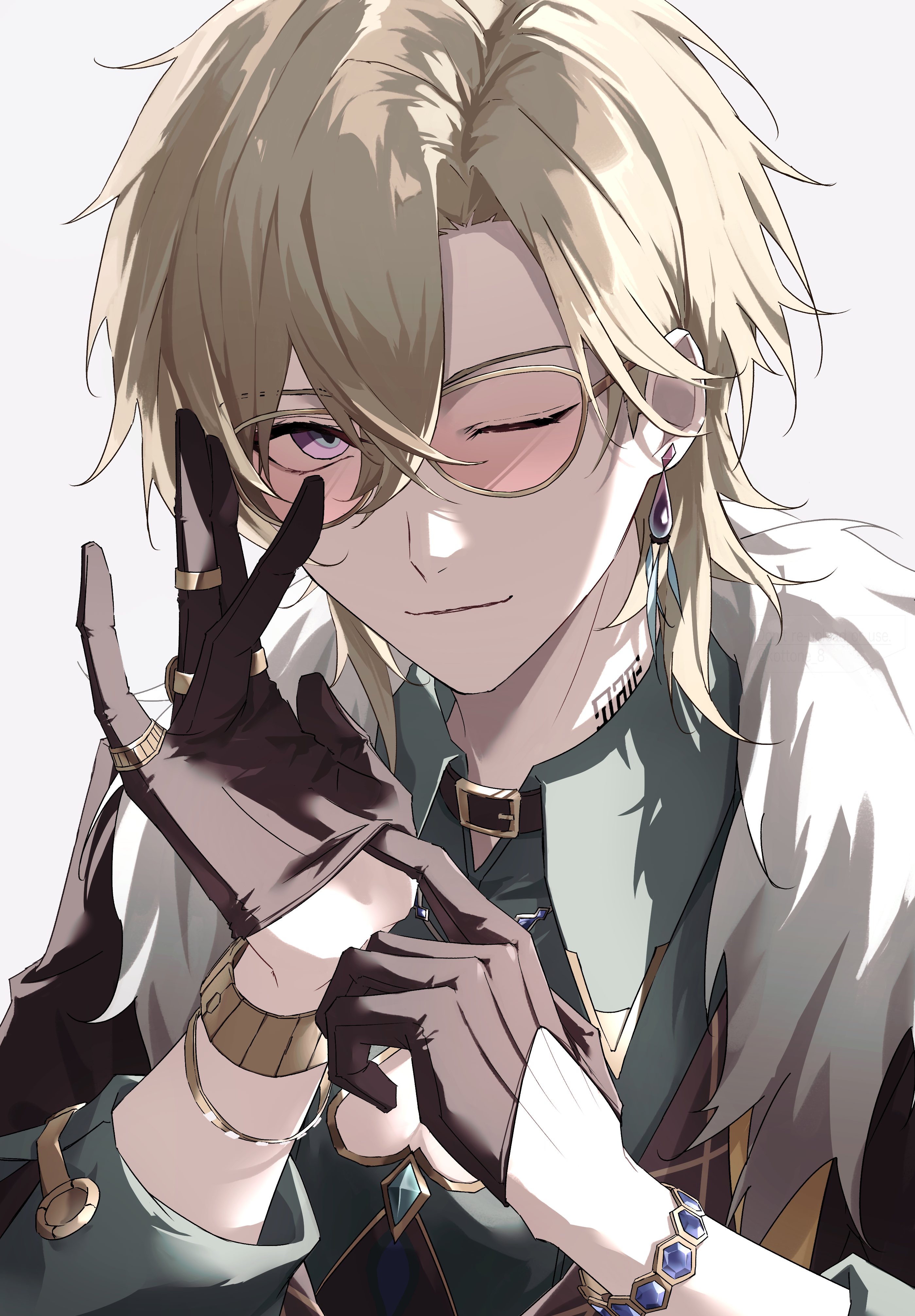 Safebooru - 1boy absurdres adjusting clothes adjusting gloves aqua shirt aventurine (honkai ...