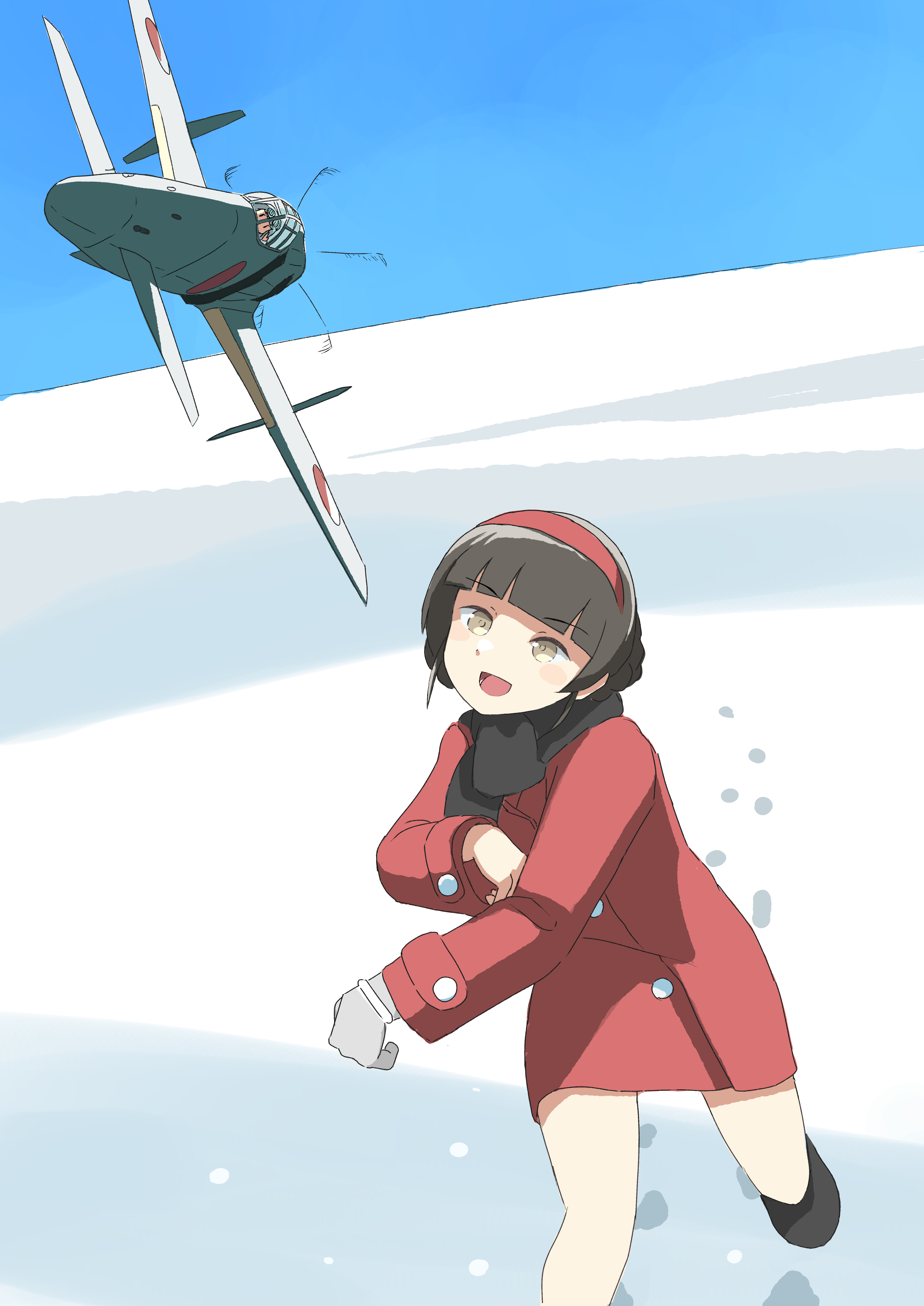 Safebooru - 1girl absurdres aircraft airplane beret black hair black scarf blue sky blunt bangs ...