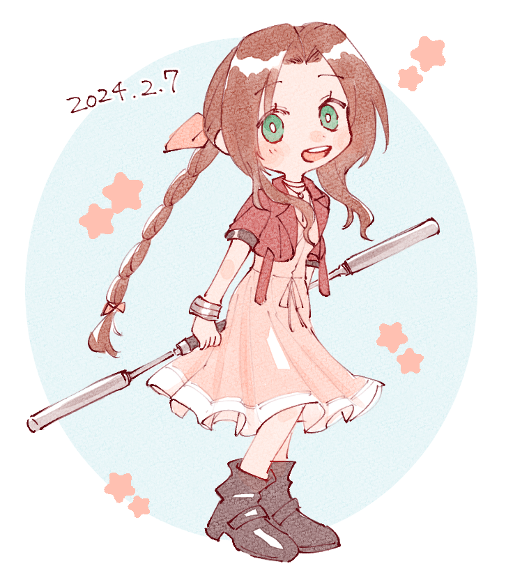 Safebooru - 1girl aerith gainsborough bo staff boots bracelet braid braided ponytail brown hair ...