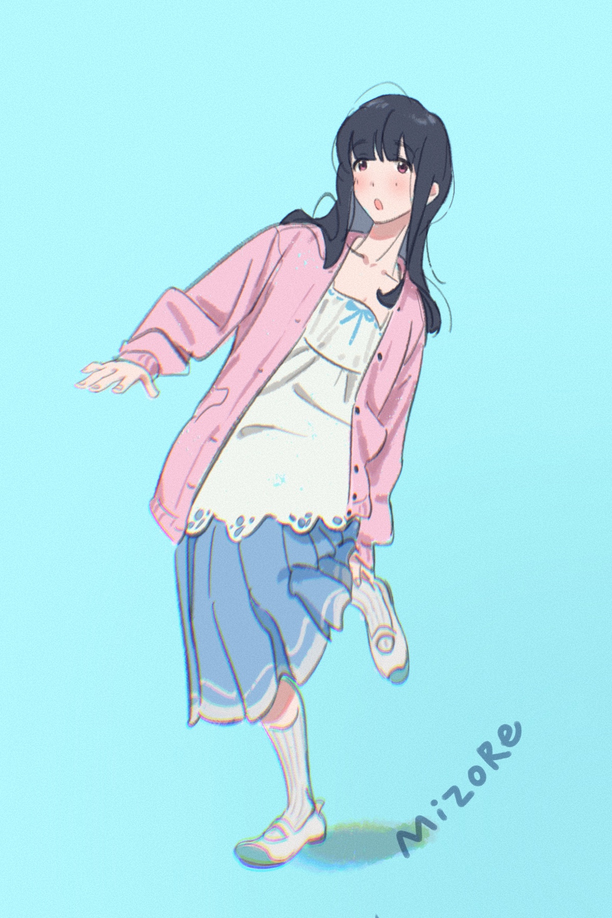 Safebooru - 1girl :o adjusting clothes adjusting legwear ahoge black hair blue background blue ...