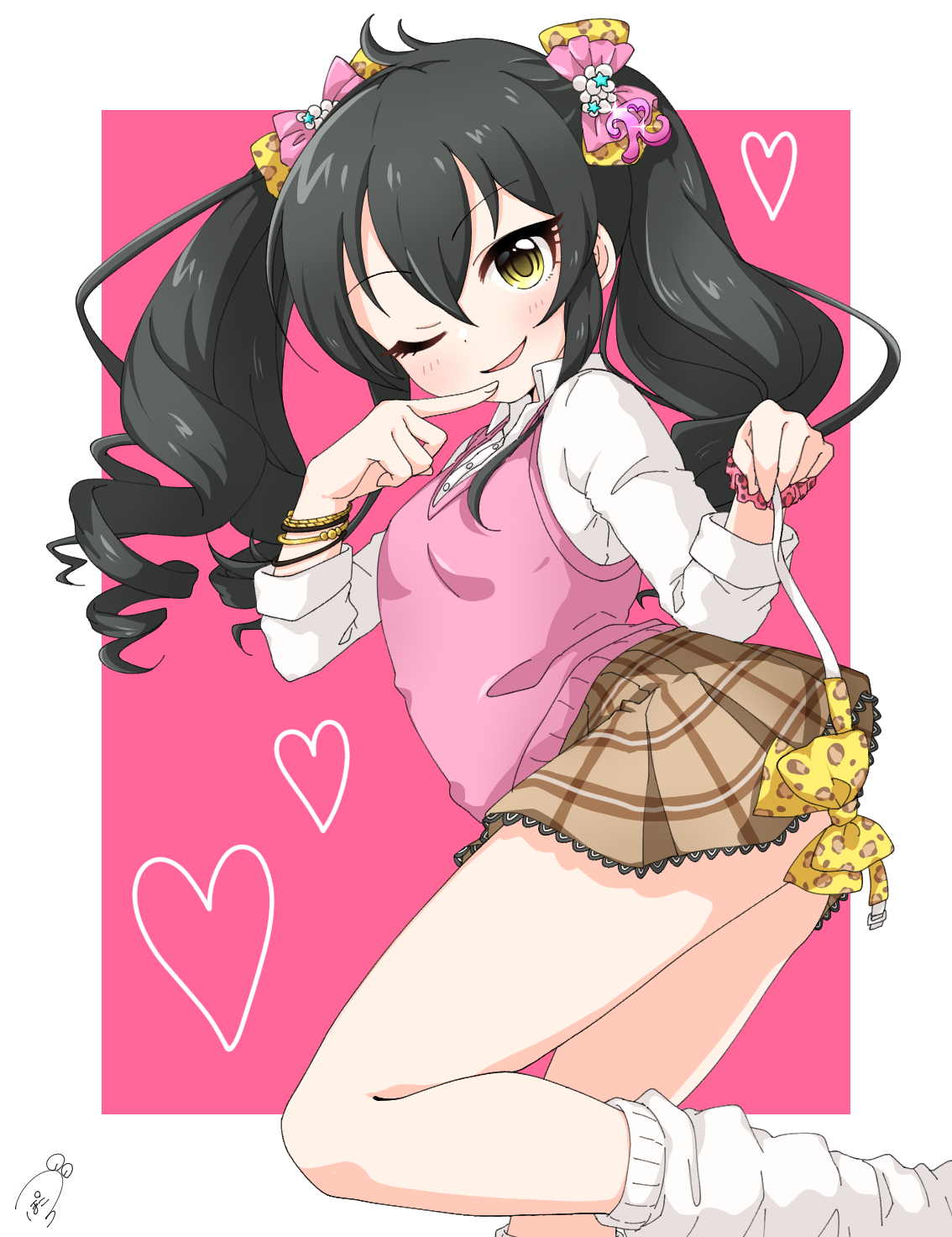 Safebooru - 1girl animal print black hair blush border bow breasts brown skirt dot nose frilled ...