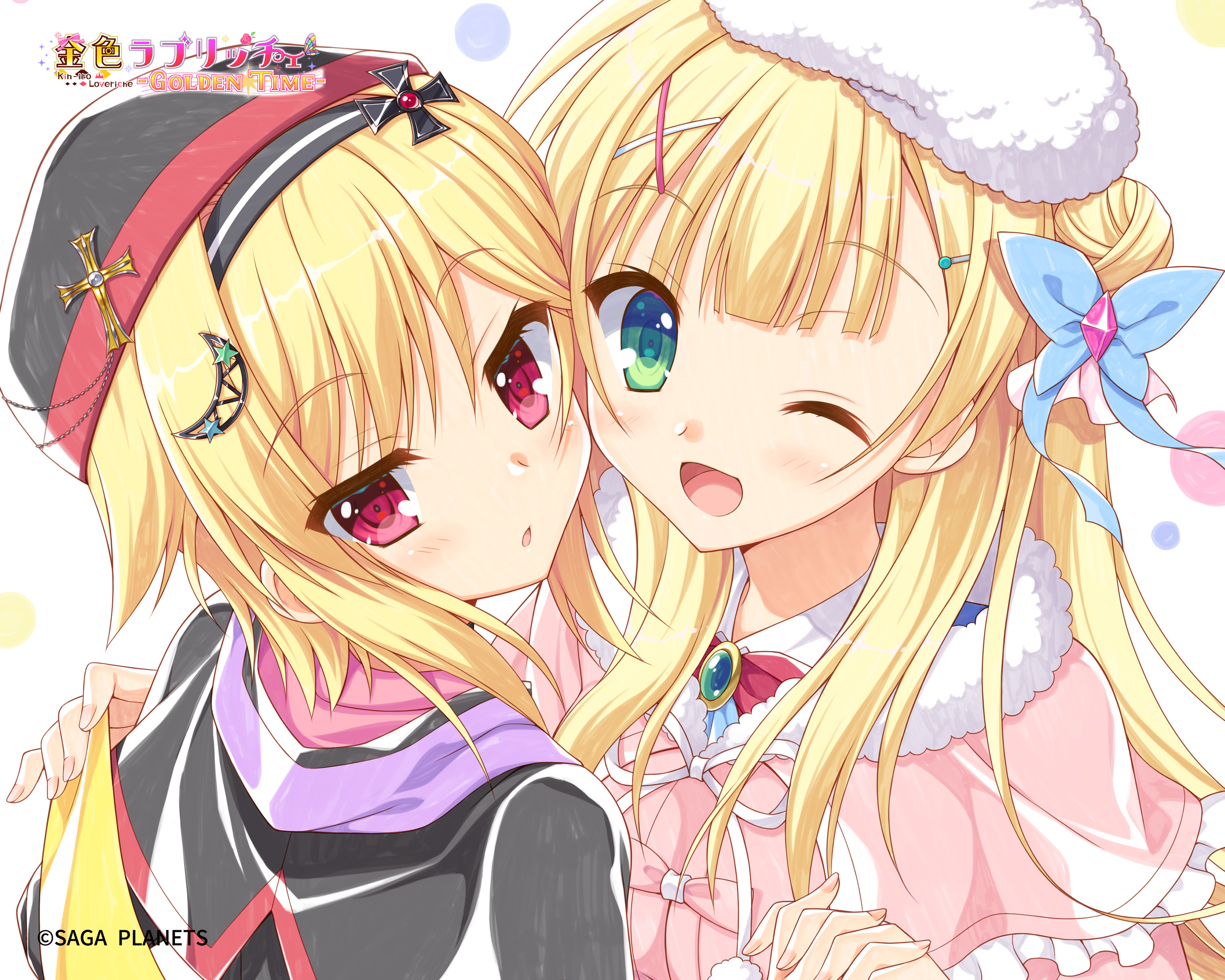 Safebooru - 2girls ;d alternate costume beret black hairband black headwear blonde hair blue bow ...