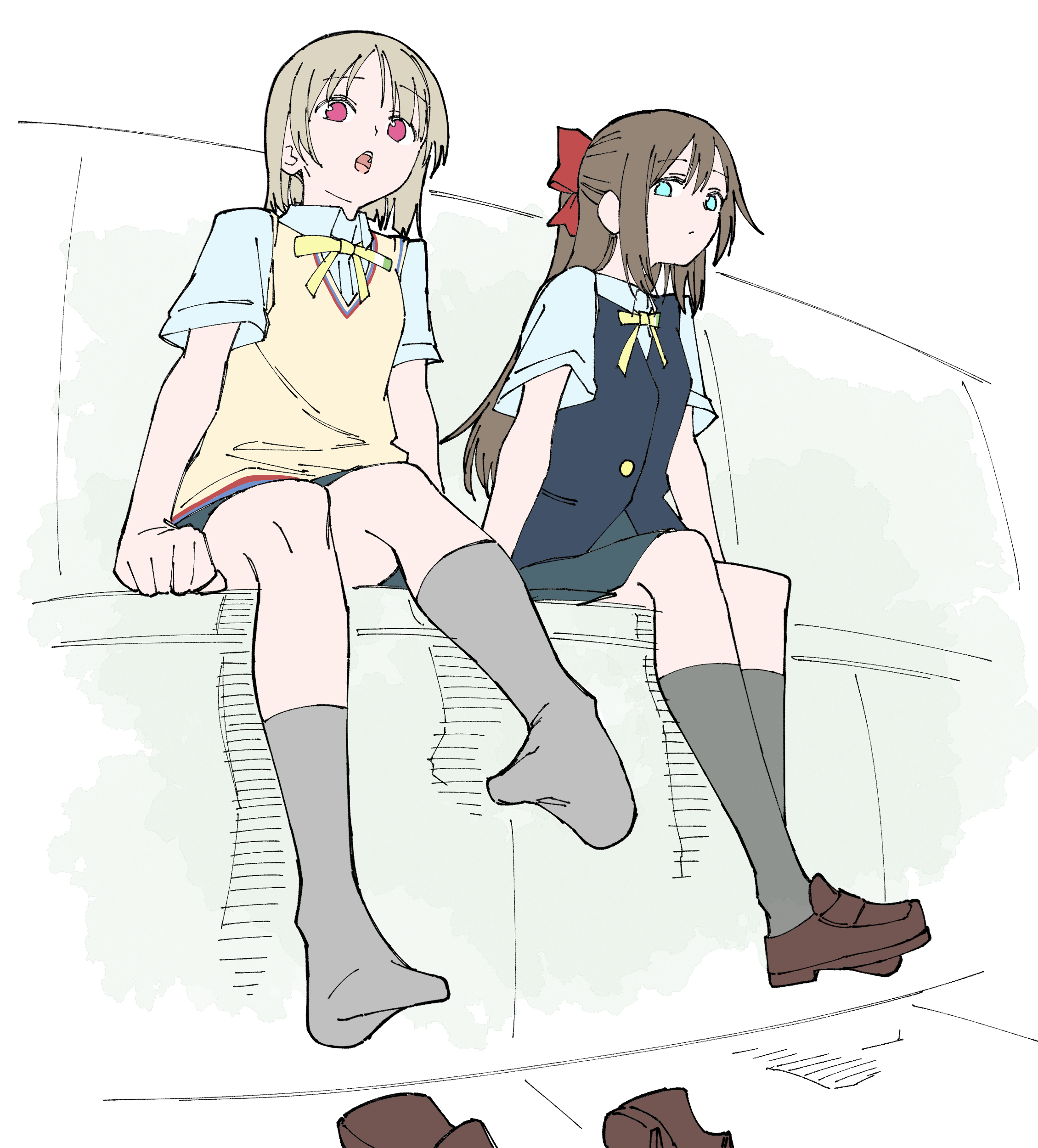 Safebooru - 2girls absurdres aqua eyes black vest blue shirt blue skirt bow brown footwear brown ...