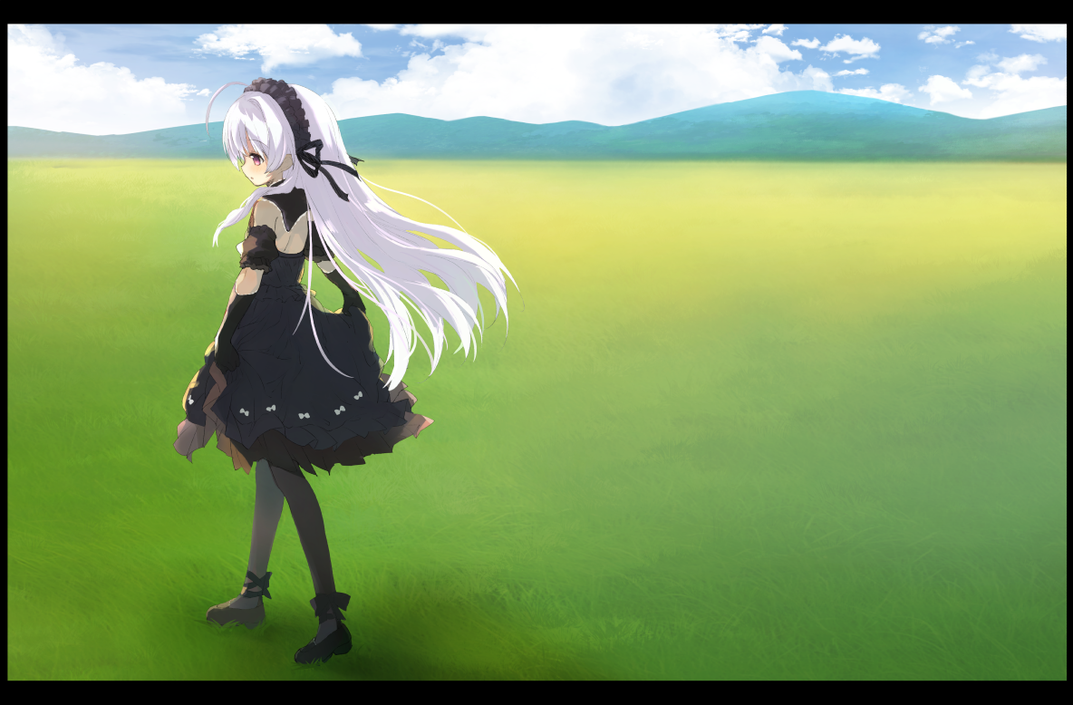Safebooru - 1girl ahoge arms at sides bare shoulders black dress black footwear black gloves ...