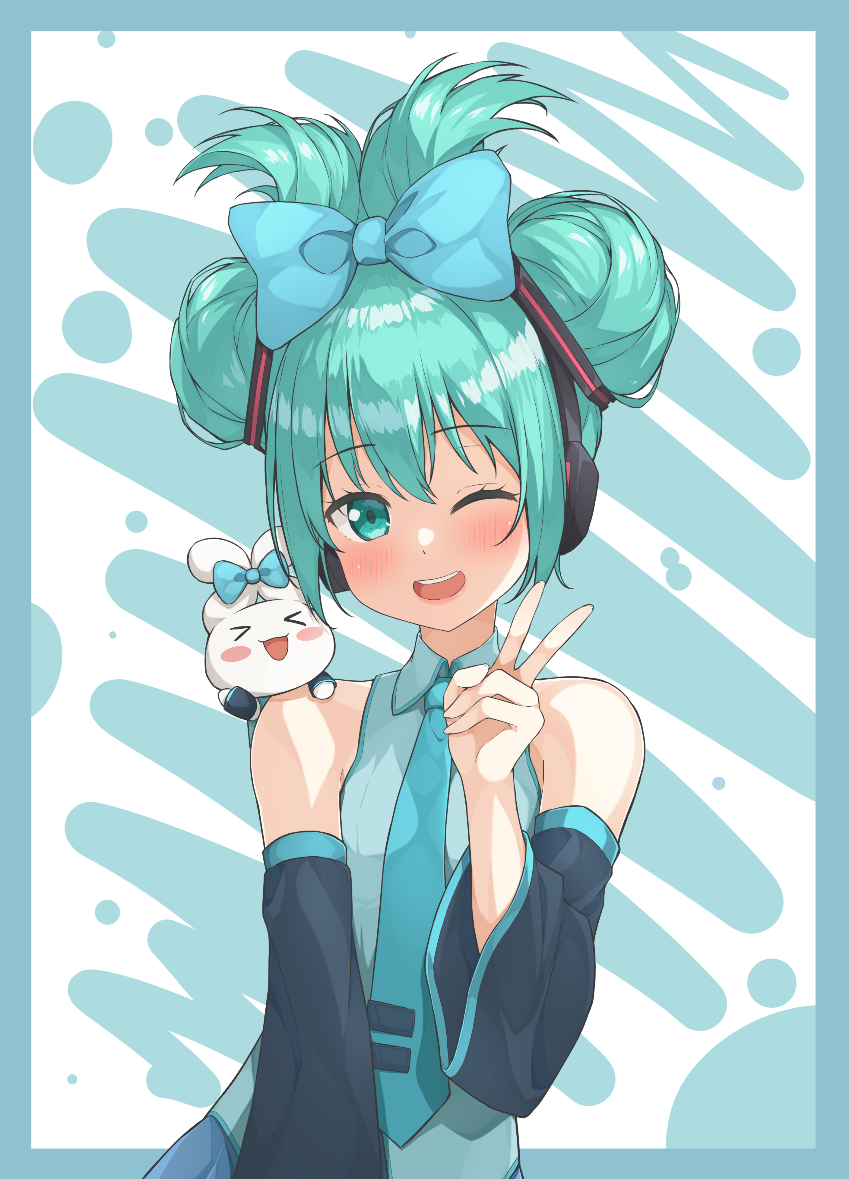 Safebooru - 1girl ;d absurdres animal on shoulder aqua hair aqua ...
