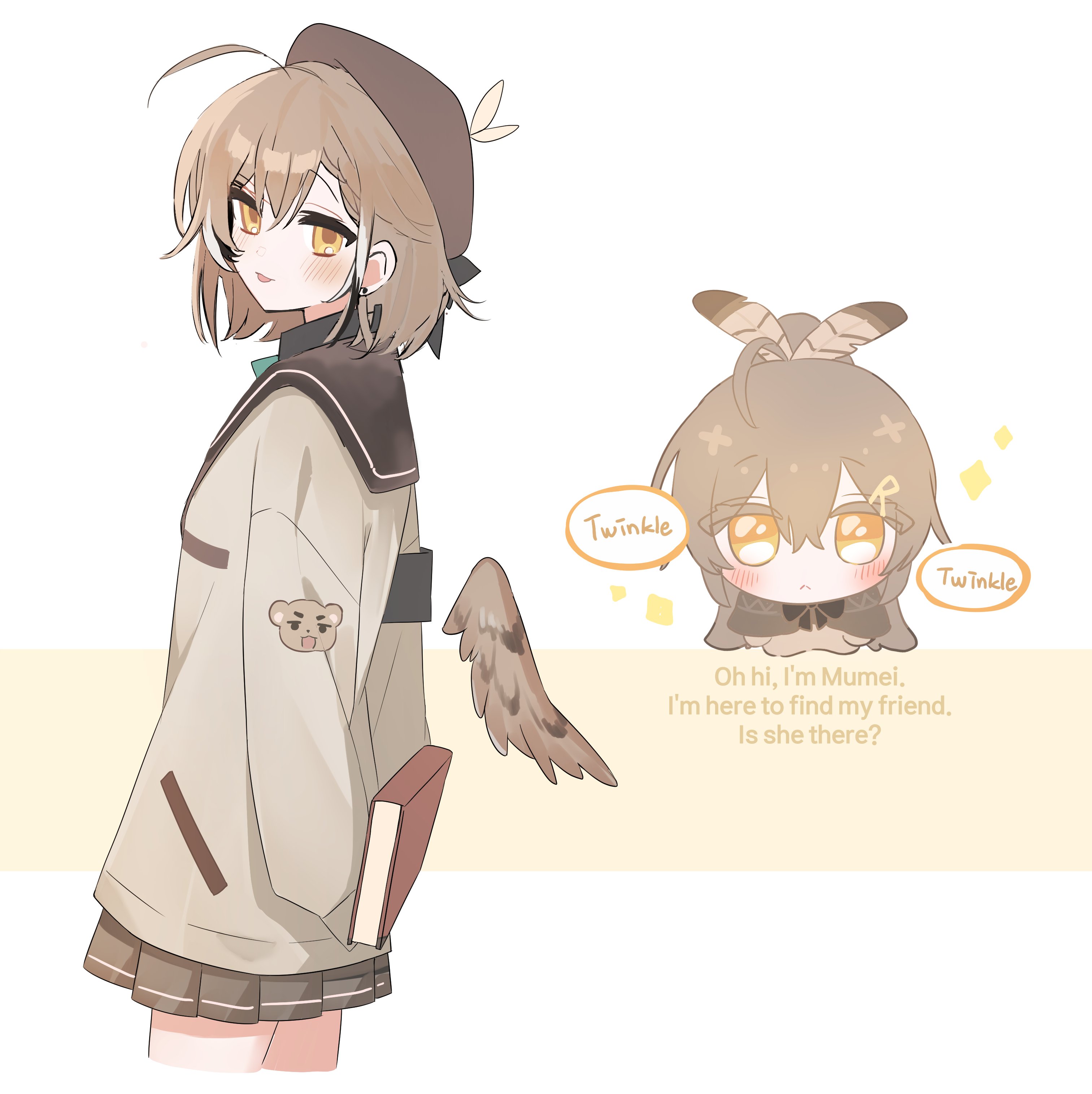 Safebooru - 1girl absurdres ahoge alternate costume bear beret bird wings black skirt blush book ...