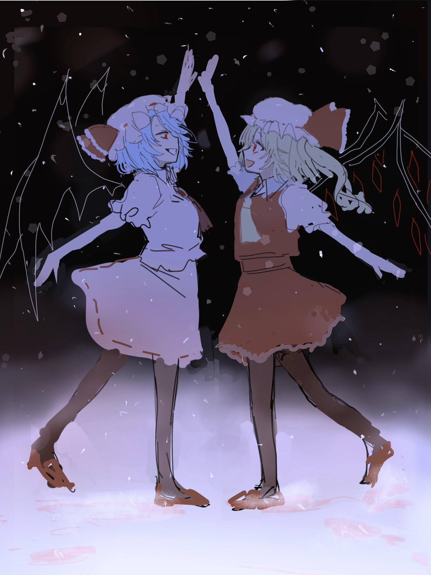 Safebooru - 2girls :d ascot bat wings black pantyhose blonde hair blue hair blush bow crystal ...