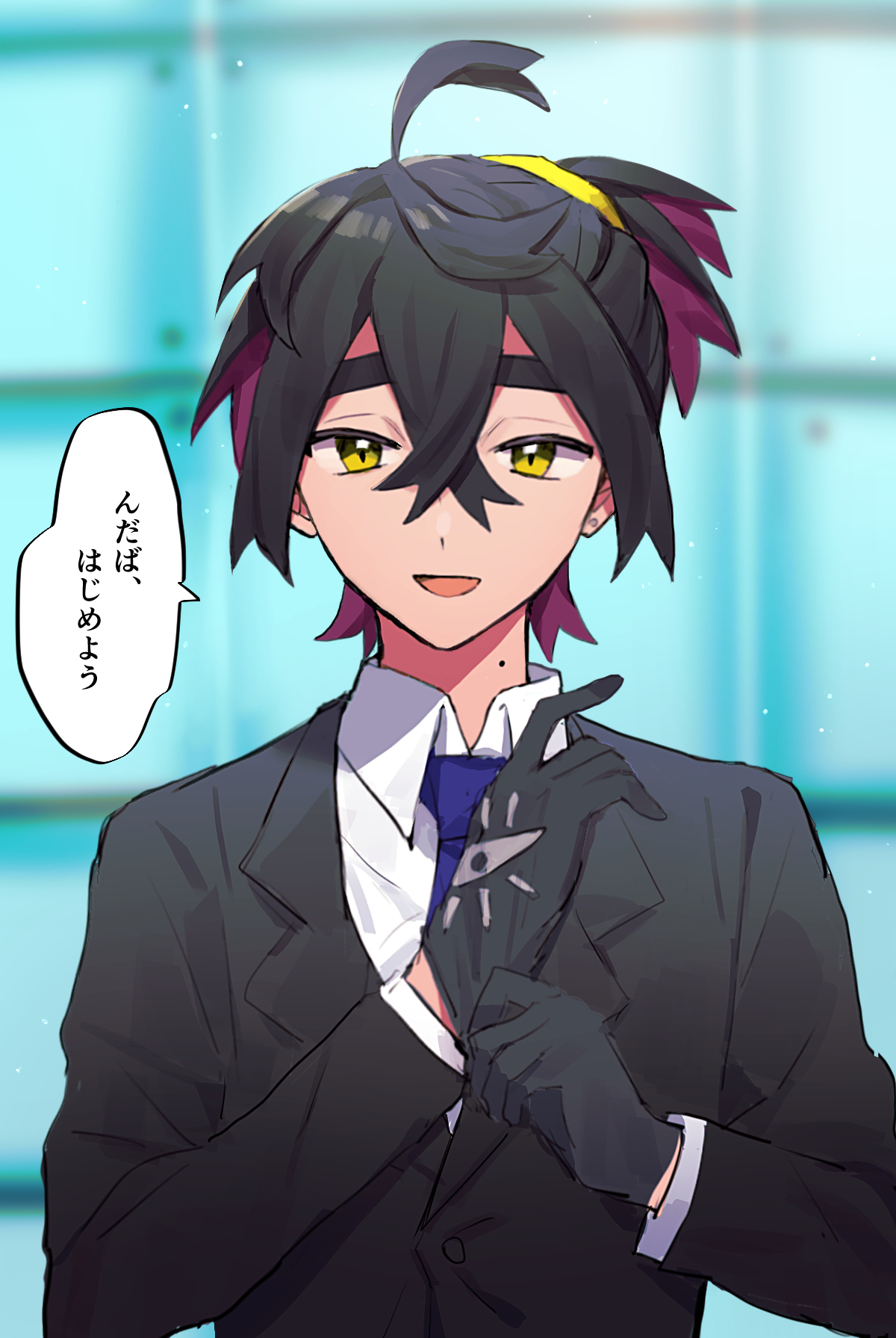 Safebooru - 1boy :d adjusting clothes adjusting gloves black gloves black jacket blurry blurry ...