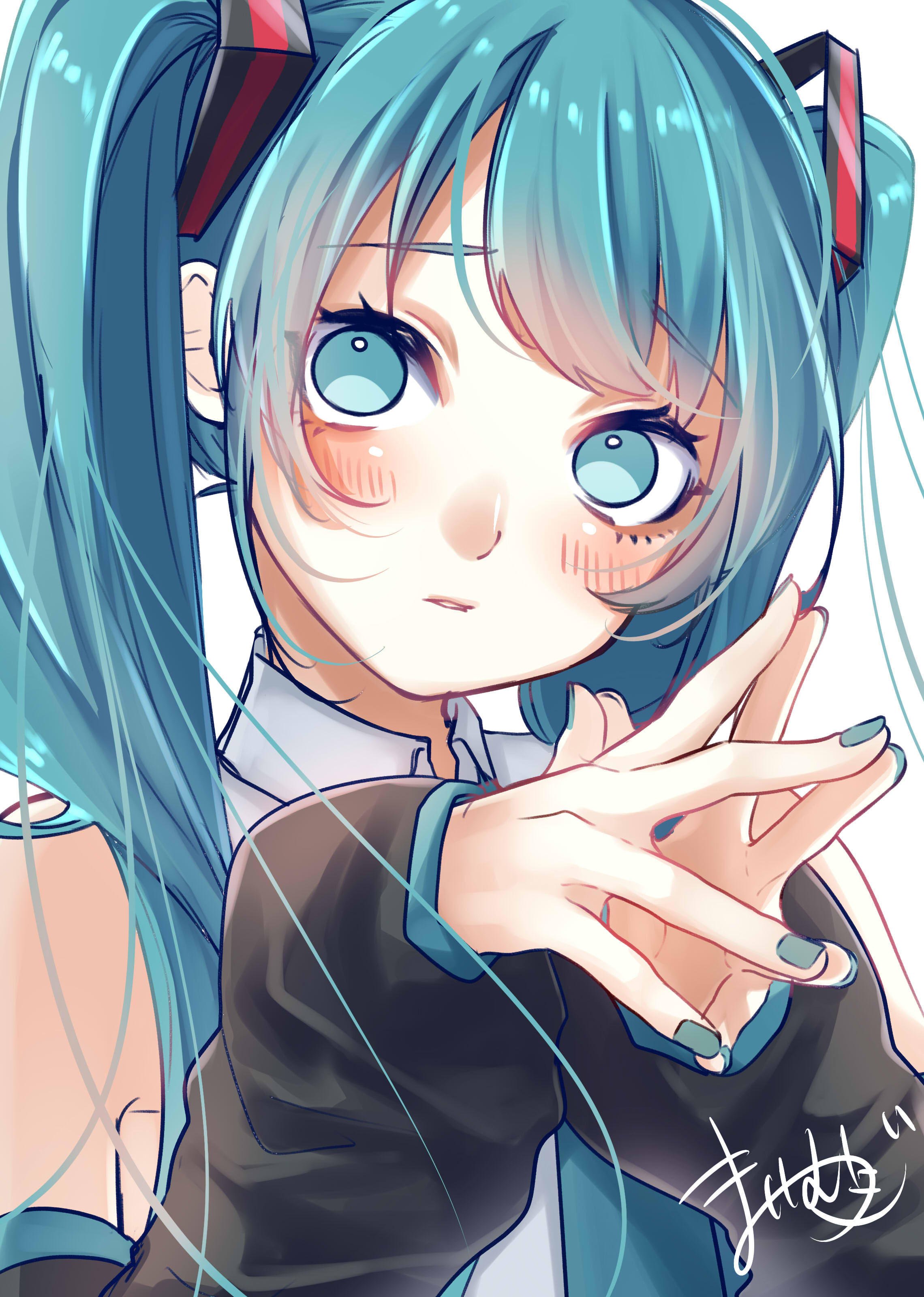 Safebooru - 1girl absurdres aqua eyes aqua hair aqua nails aqua necktie bare shoulders black ...