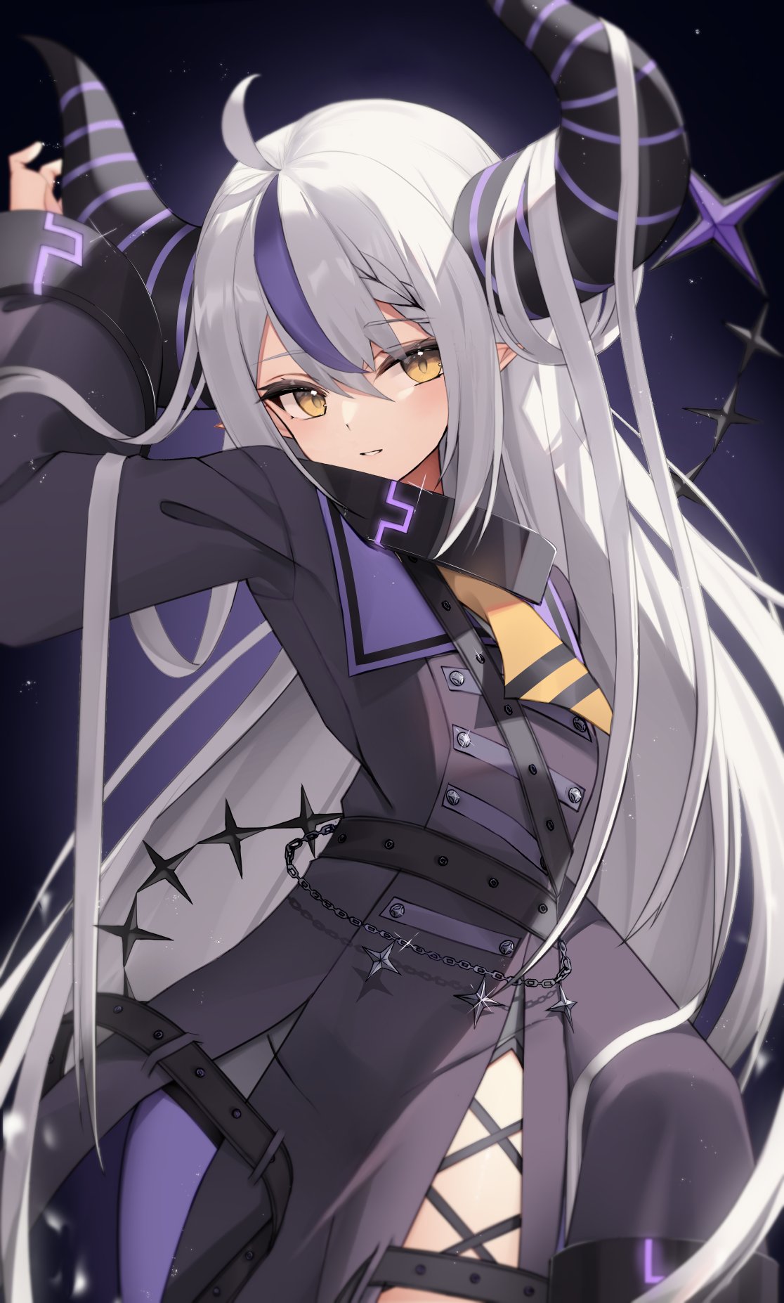 Safebooru - 1girl ahoge braid braided bangs coat coat dress demon horns grey hair hair between ...