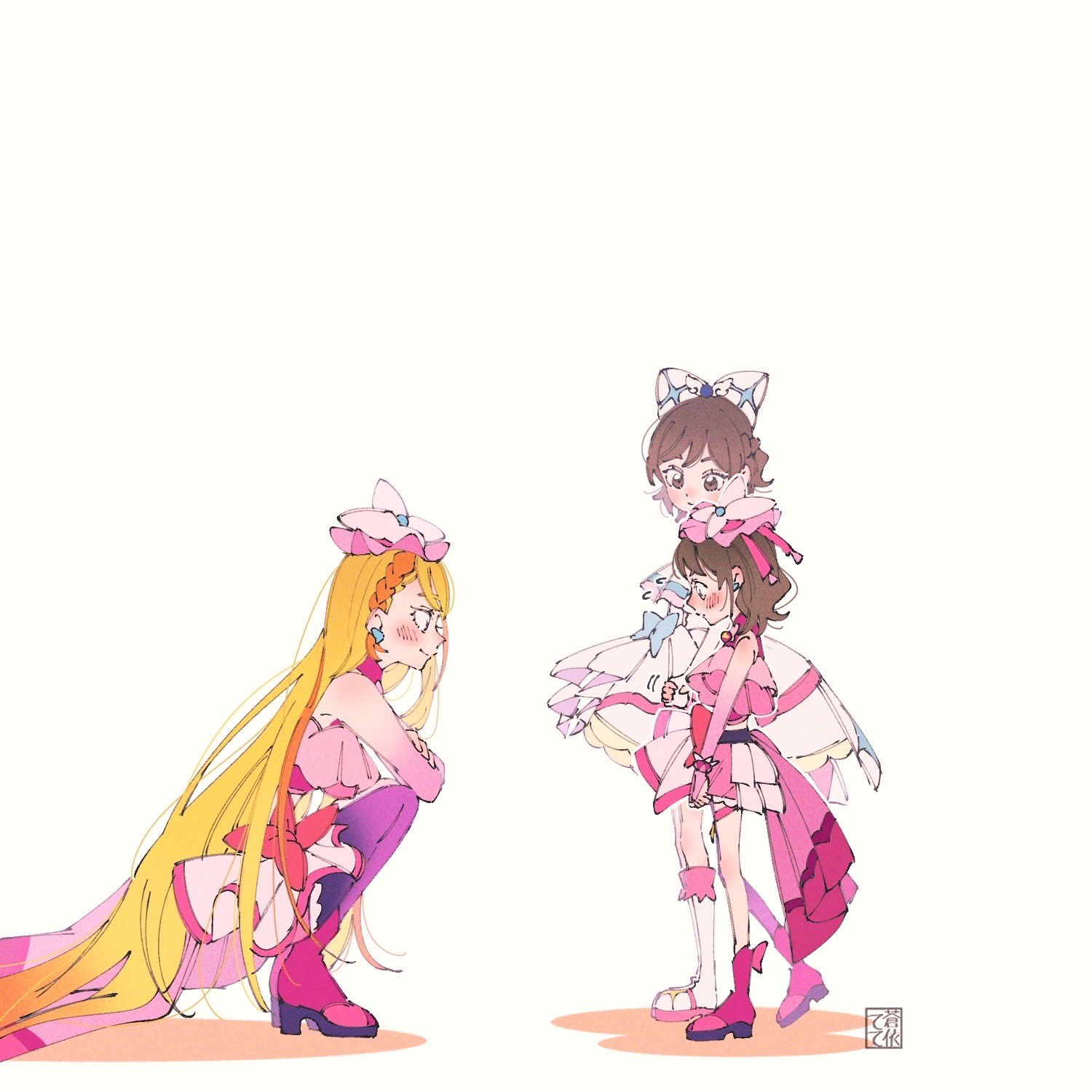 Safebooru - 3girls aoi tete artist logo ascot blonde hair boots bow bow skirt braid braided ...