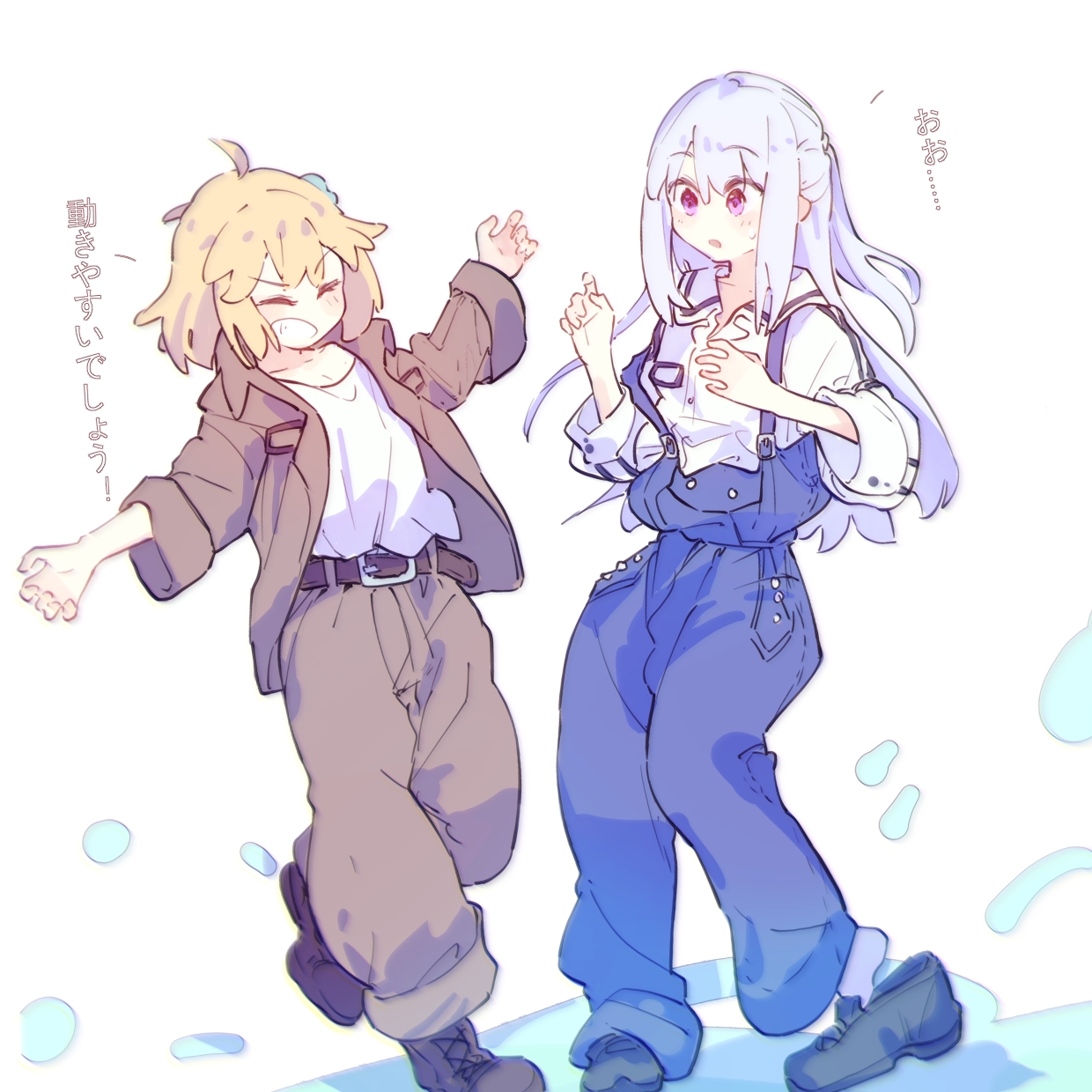Safebooru - 2girls ahoge anisphia wynn palettia blonde hair blue overalls boots brown footwear ...