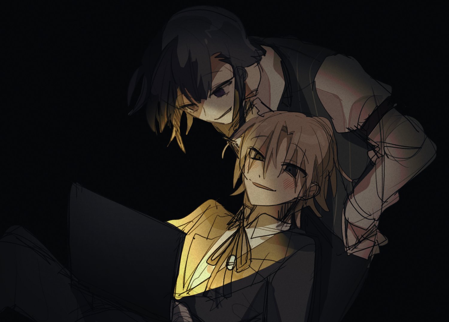 Safebooru - 2boys black background black eyes black hair black jacket ...