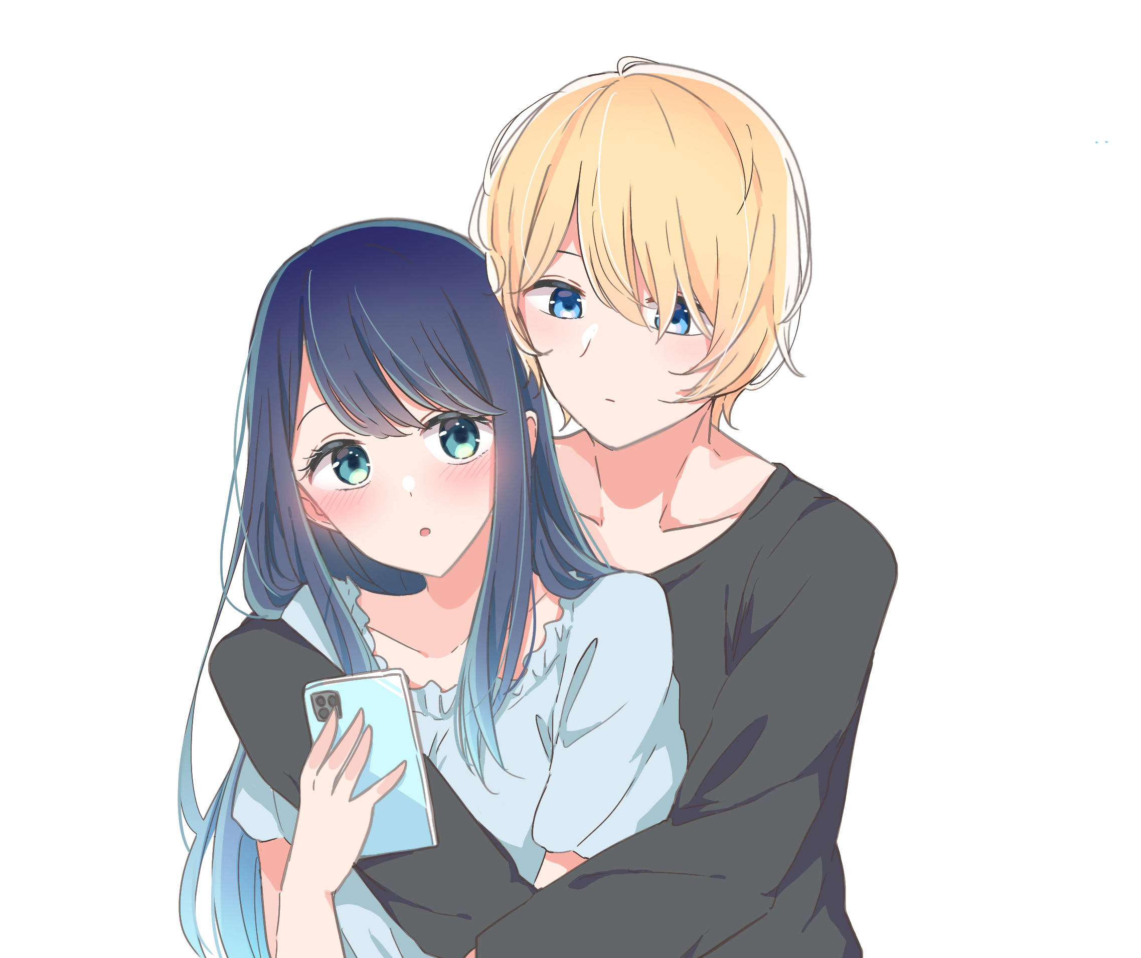 Safebooru - 1boy 1girl :o alternate hair length alternate hairstyle aqua eyes black shirt blonde ...