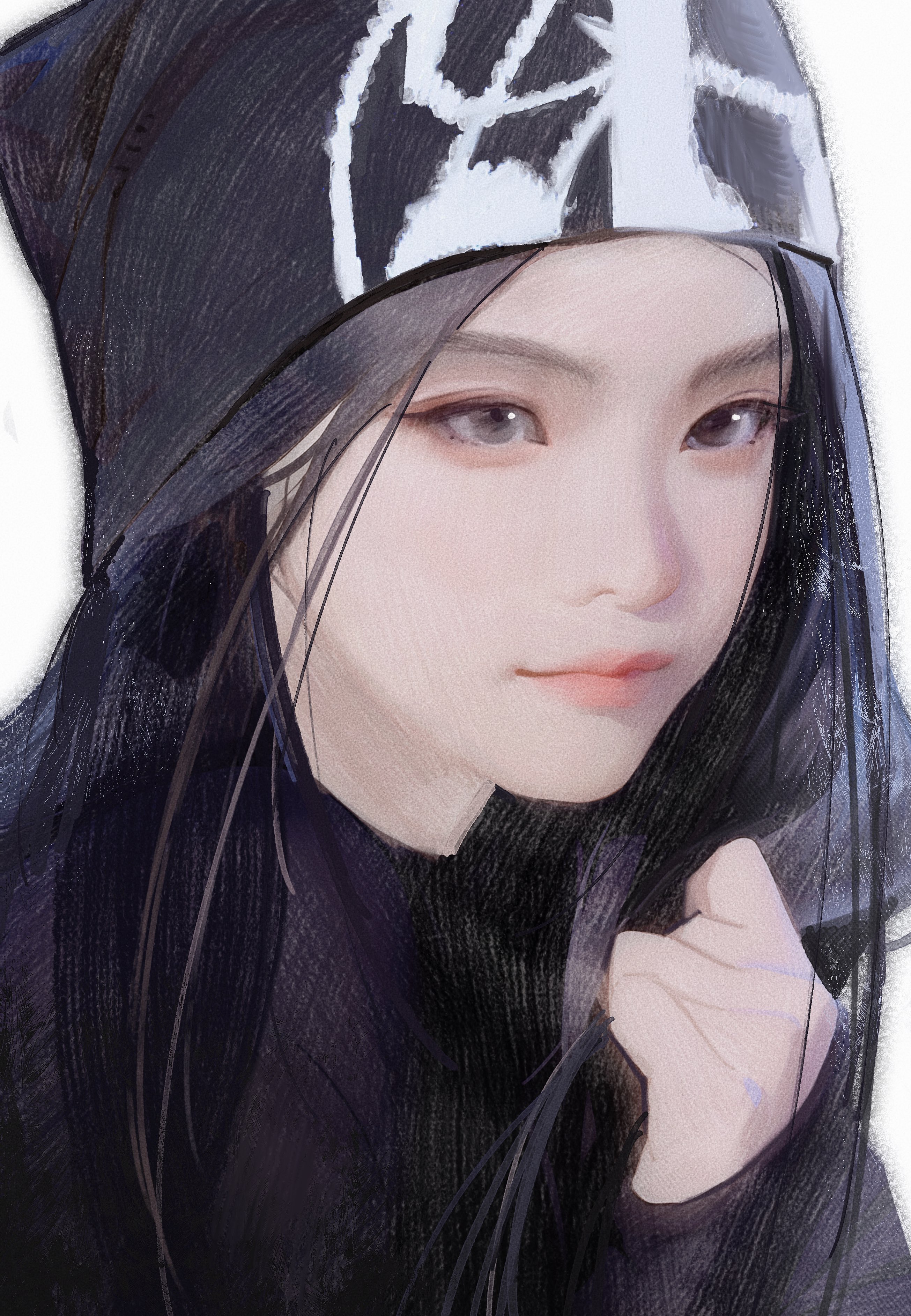 Safebooru - 1girl absurdres asian beanie black hair black headwear black sweater grey eyes hat ...