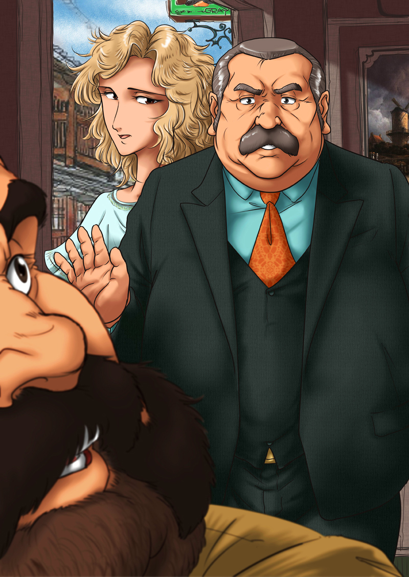 Safebooru - 1girl 2boys beard black suit blue shirt brown eyes brown hair facial hair fat ...